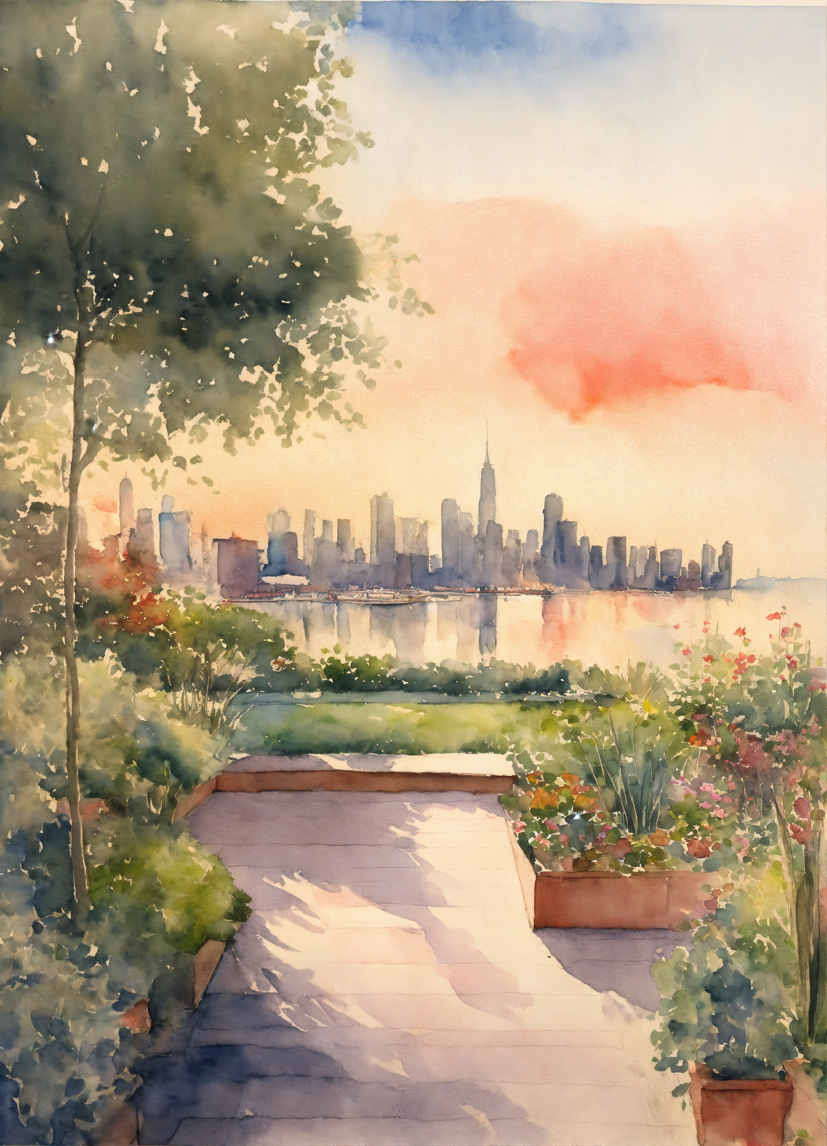 Lexica - Watercolour, reverse perspective, City Skyline, Garden, Ocean ...