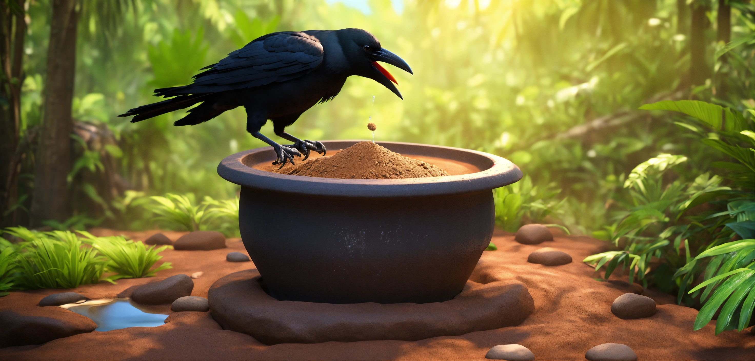 Lexica - 3d animation style crow putting stone in big clay pot fill ...