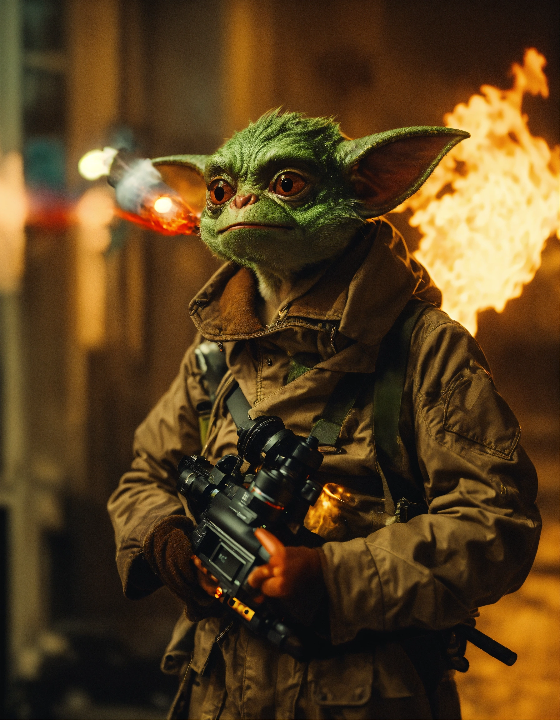 Lexica - Leica portrait of a gremlin with a flamethrower coded patterns ...