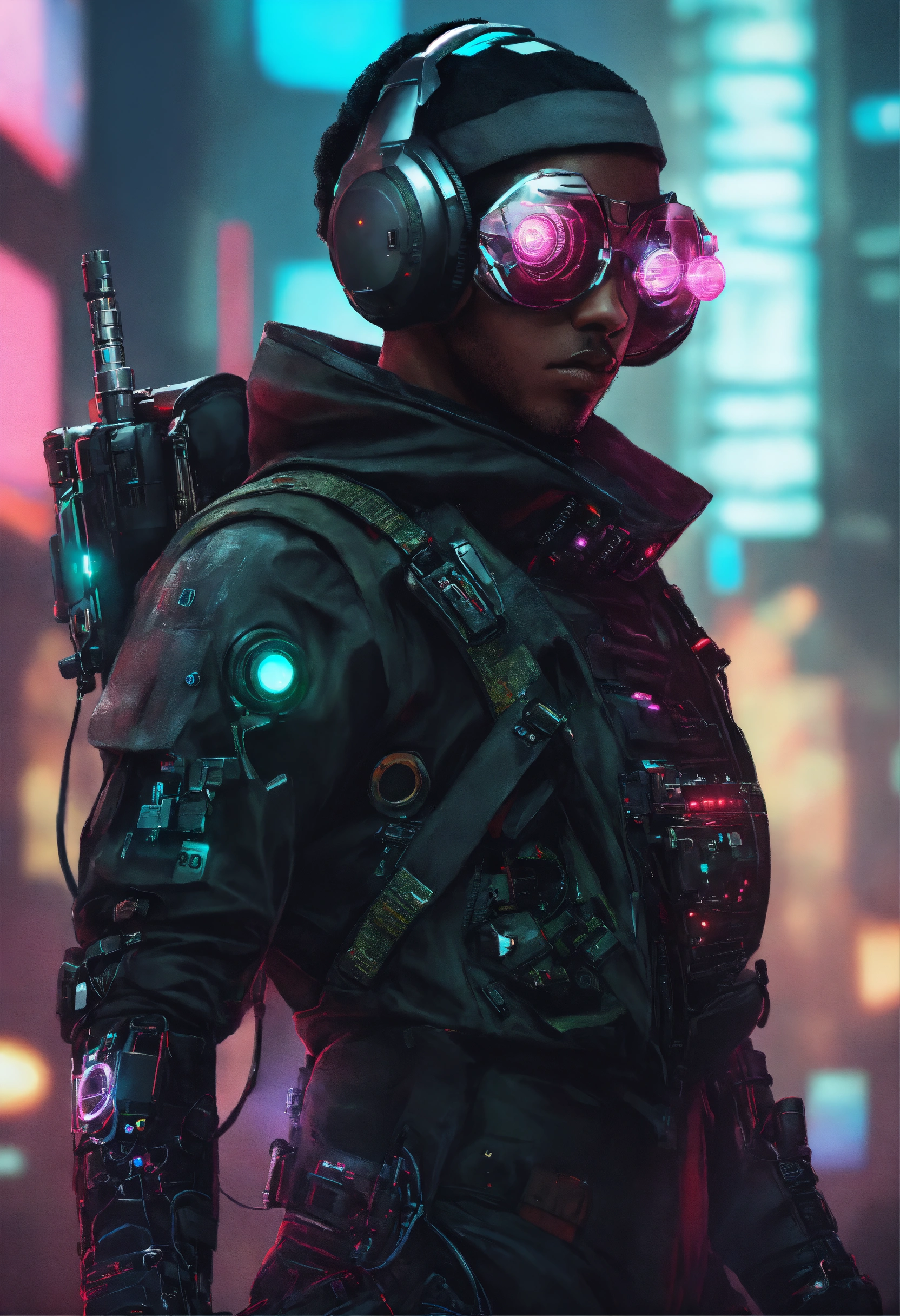 Lexica - A black hacker in a cyberpunk suit with cybernetic eyeballs