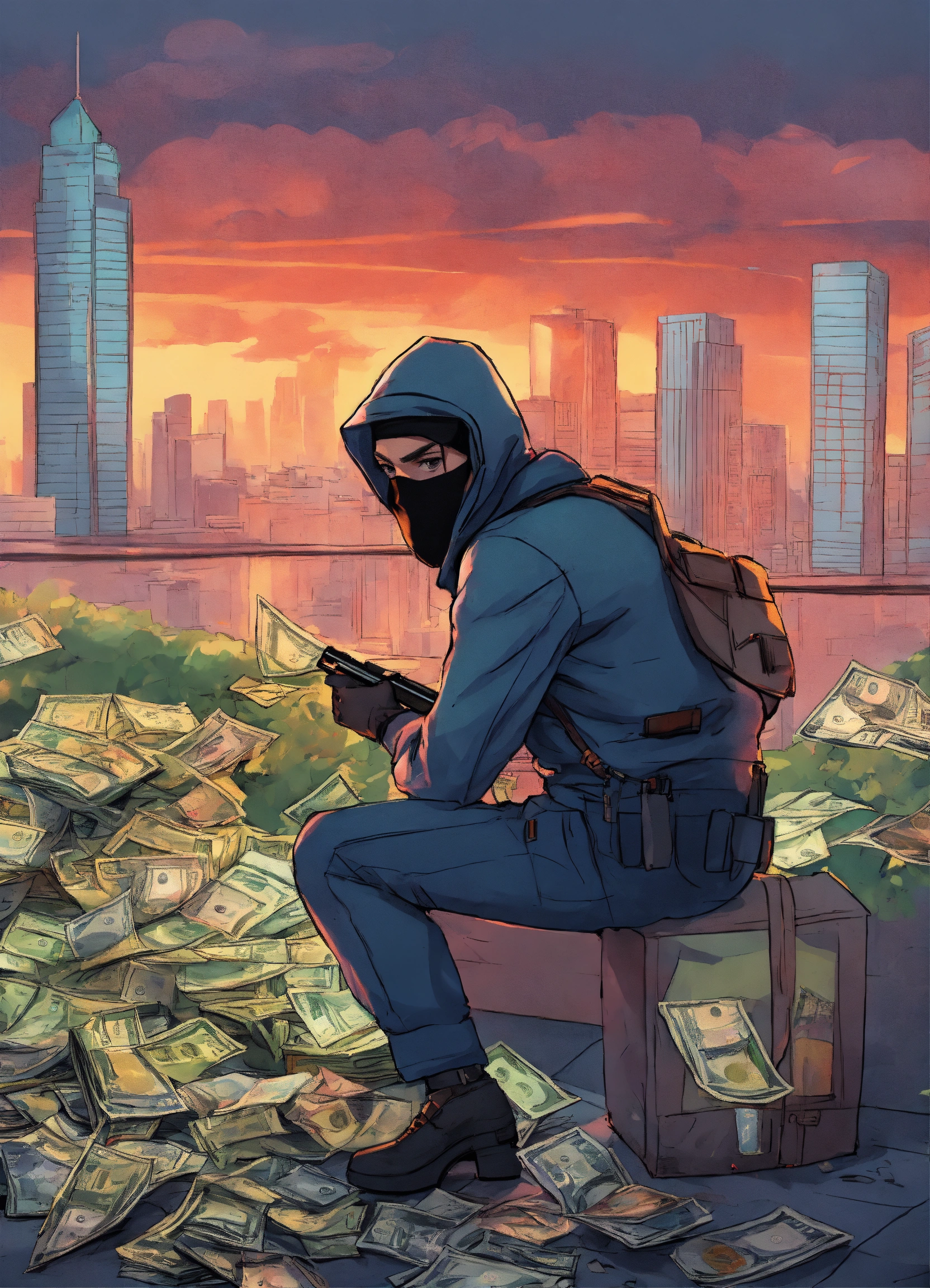 Lexica - Bank robber, drawing, art, 4k, cartoon style , big bundle of ...