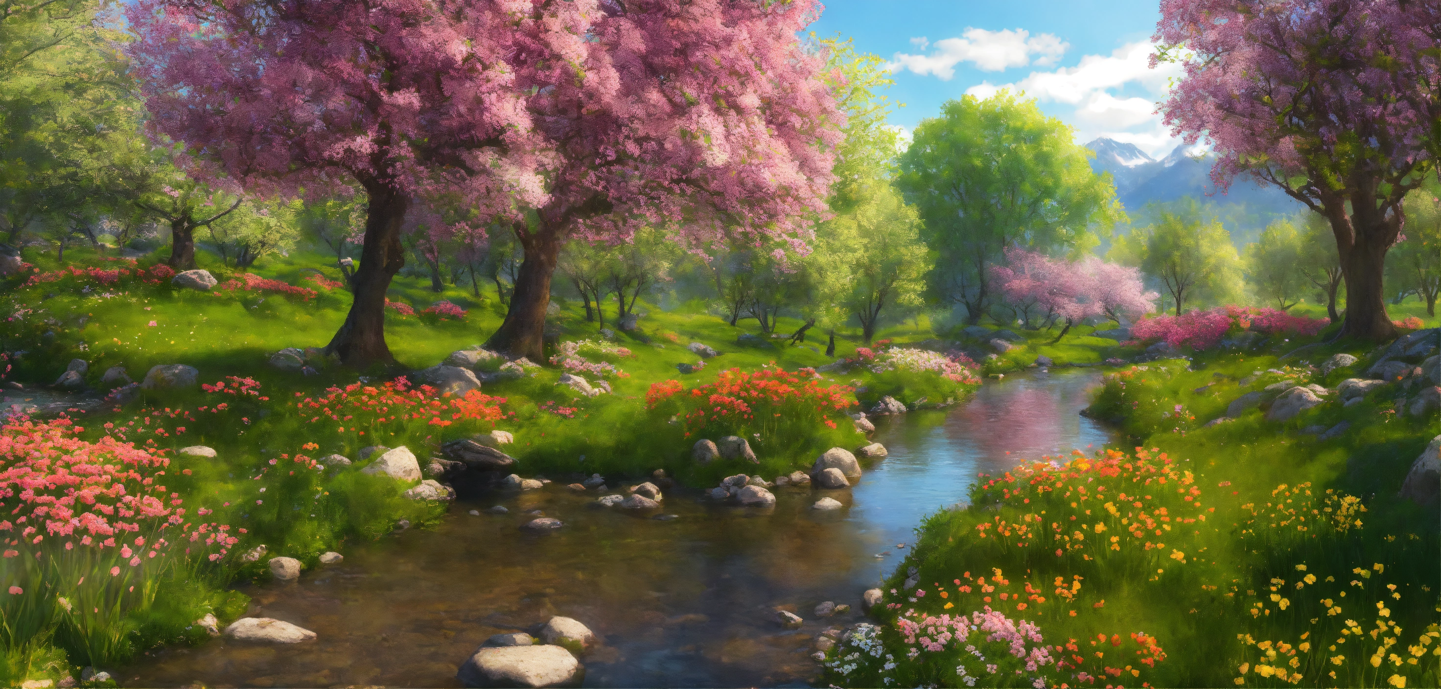 Lexica - A serene and majestic spring landscape with blossoming trees ...