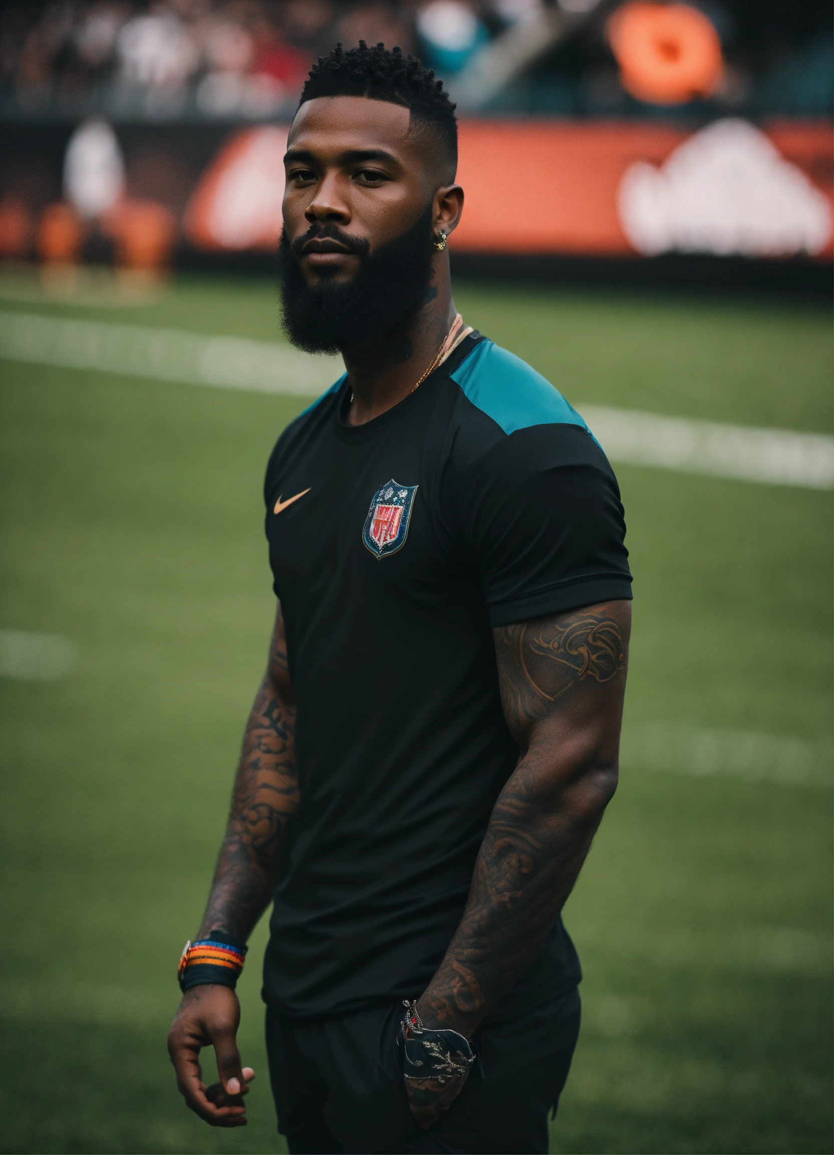 Lexica - Handsom black male, dark skin, football build, tattoos, beard ...