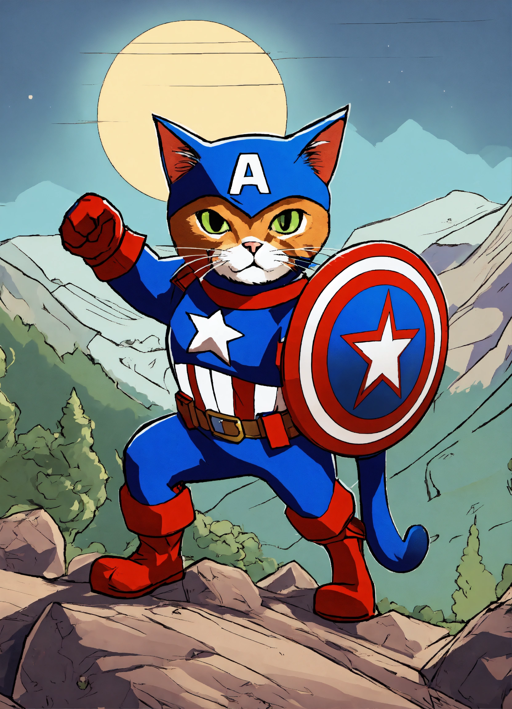 Lexica - A cat wearing a Captain America suit in the mountains fighting ...
