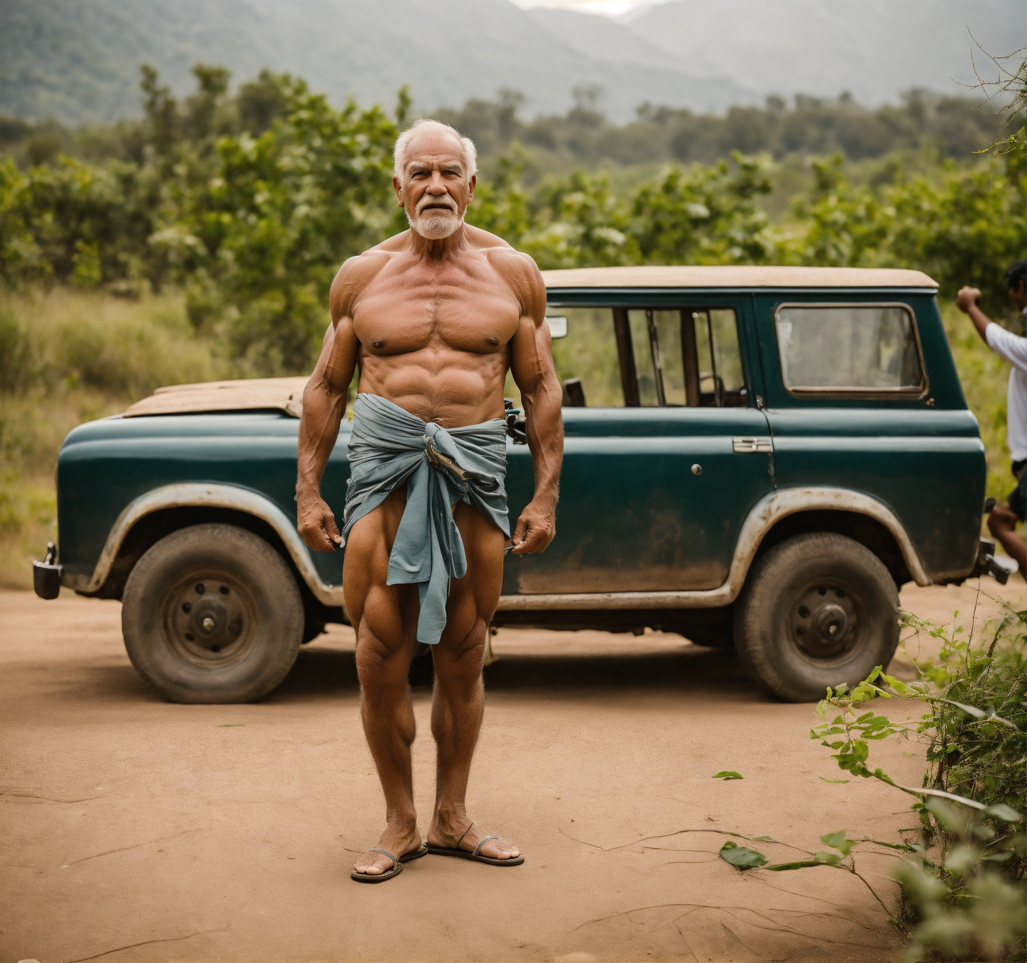 Lexica - An old man flexing his big muscles for a photographer wearing ...