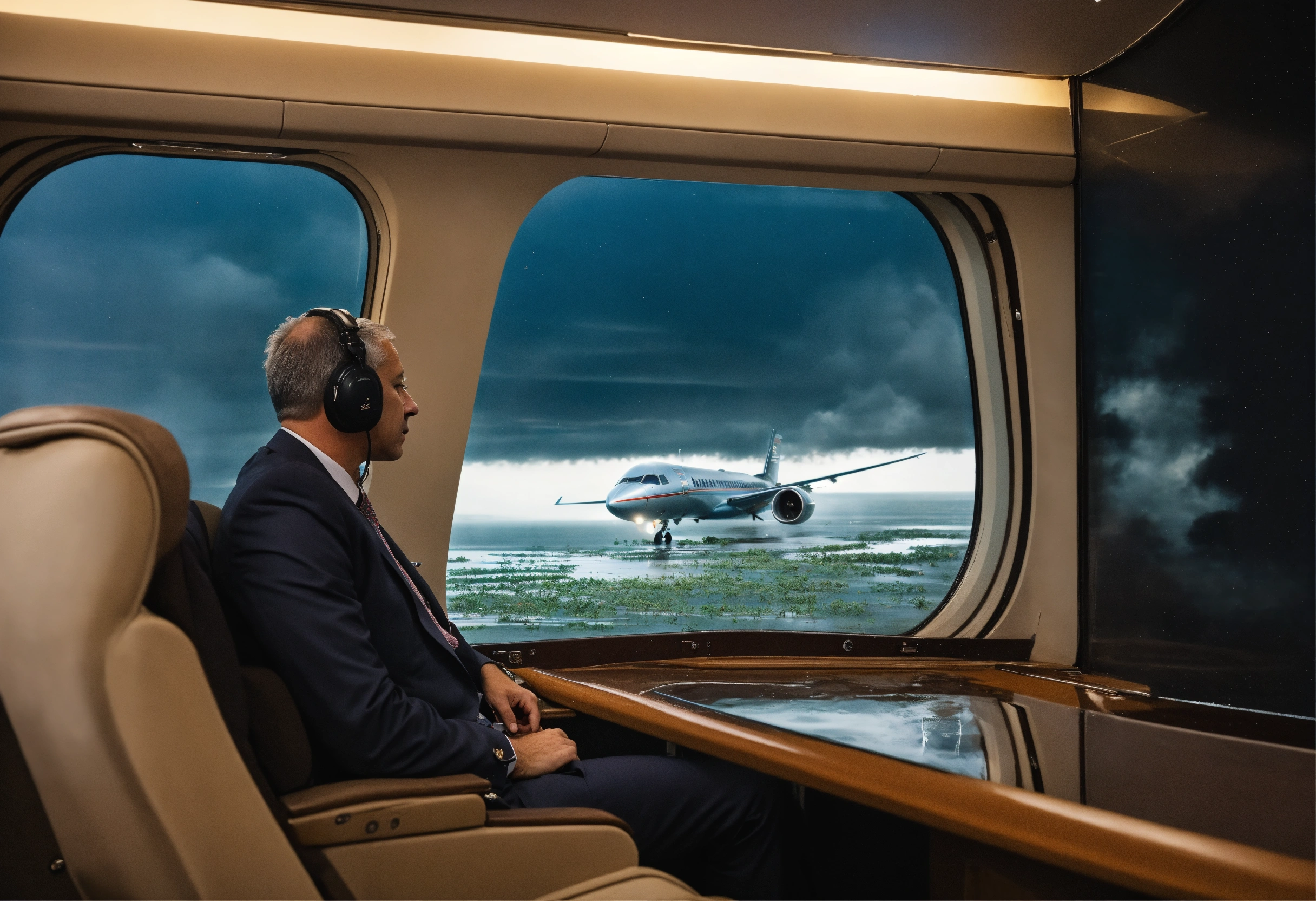 Lexica - An executive in a jet looking through the window at a flooded ...