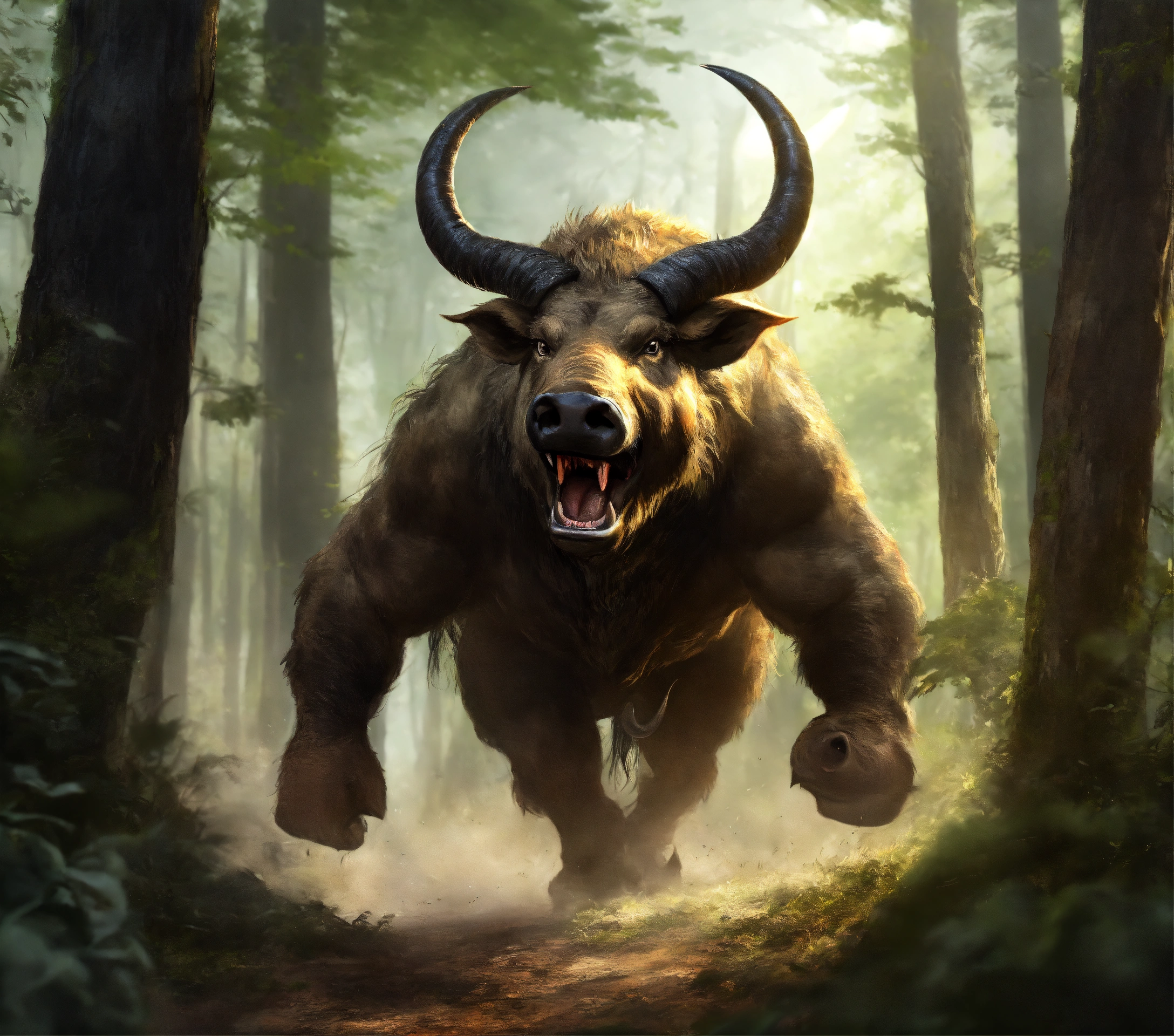Lexica - Ogre female with horned wild boar, charging in wild forest ...