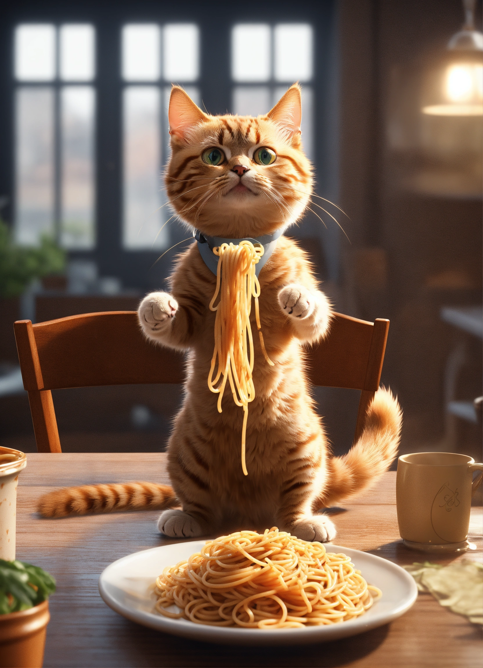 Lexica - A cat standing on 2 legs, eating spaghetti, unreal engine ...