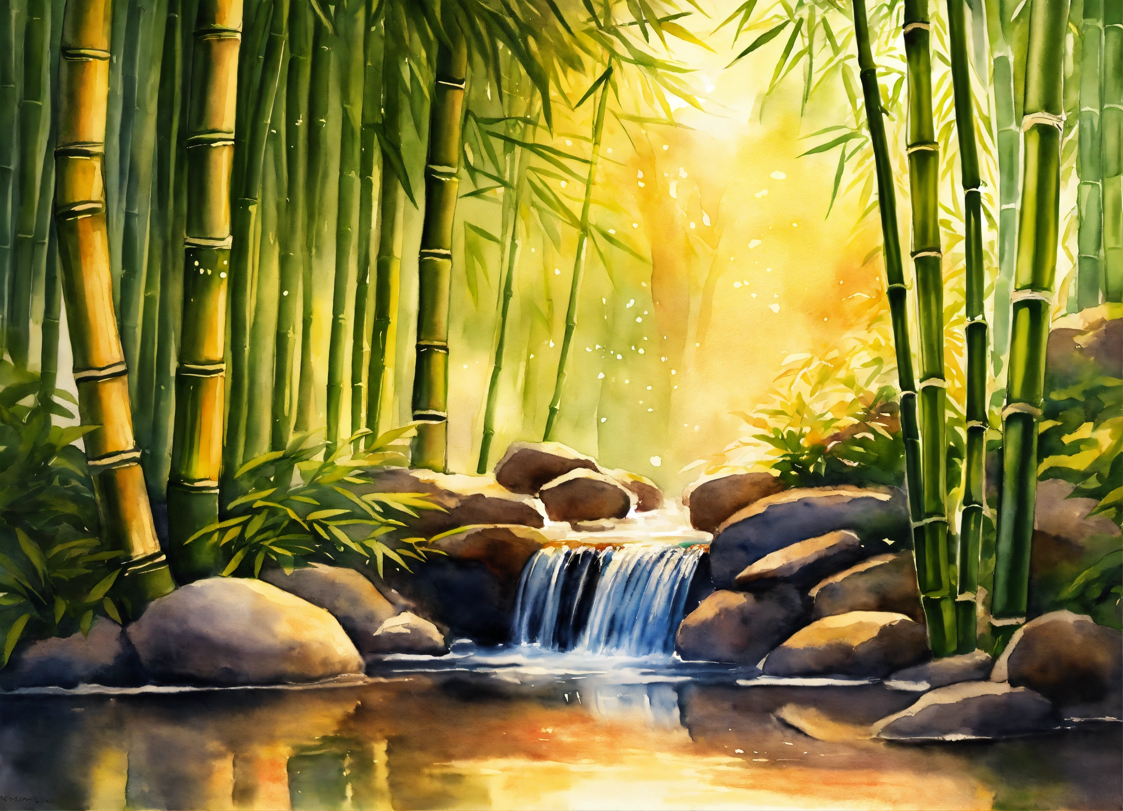 Lexica - Watercolour painting, bamboo fountain, stream, bamboo forest ...