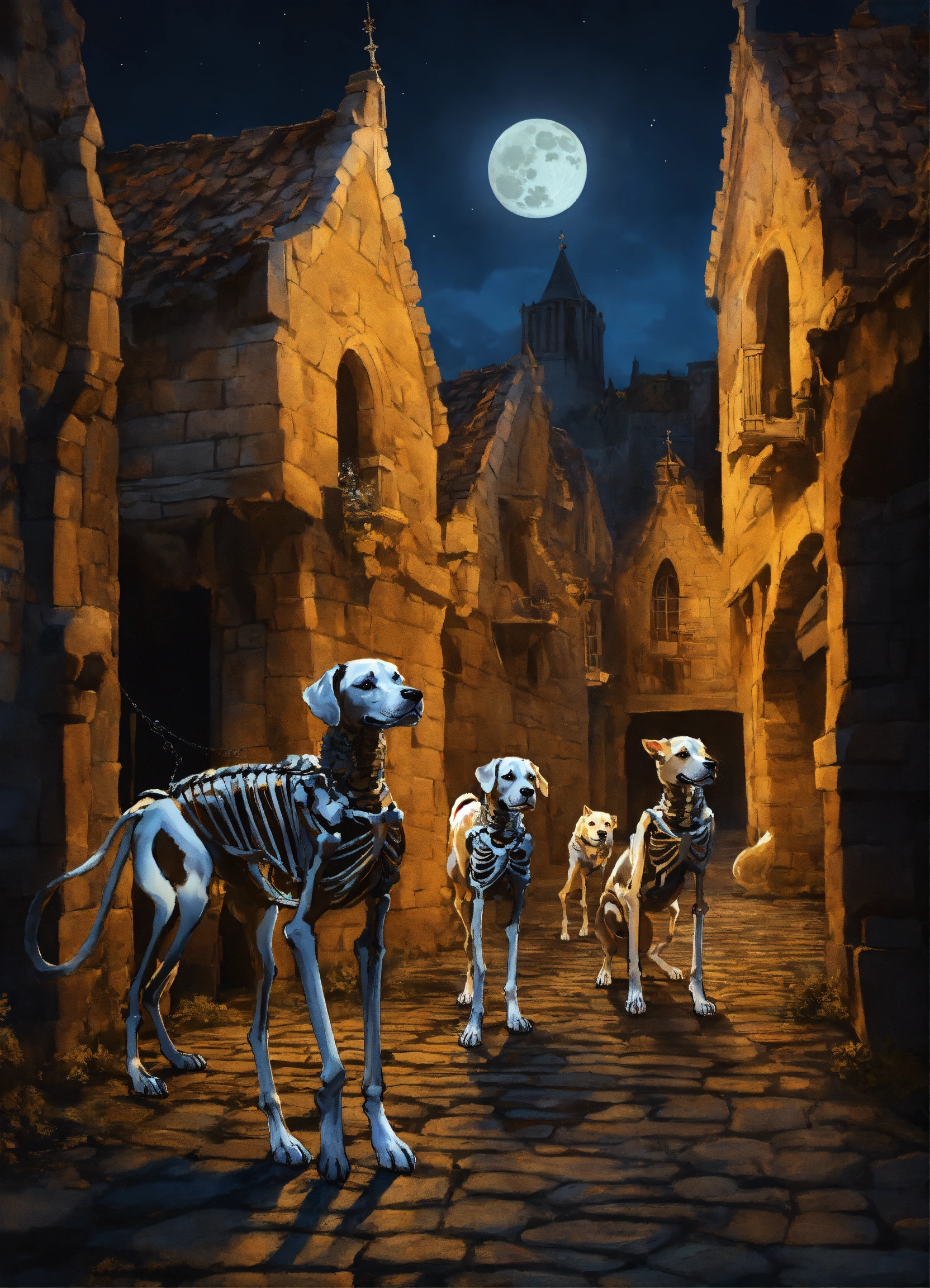 Lexica - Pack of skeleton dogs in medieval city, night with full moon ...