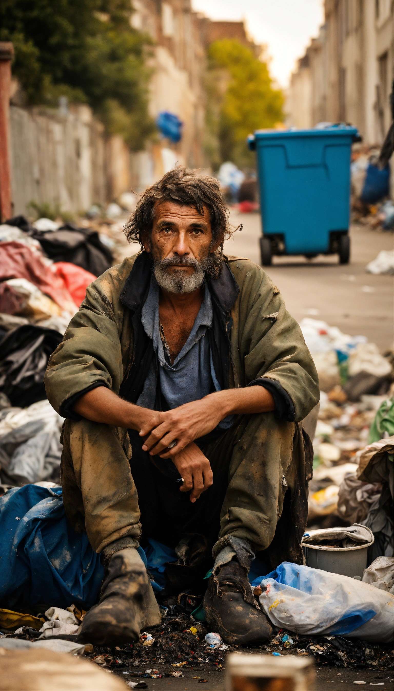 Lexica - A homeless man in tattered dirty clothes sits on a rubbish ...