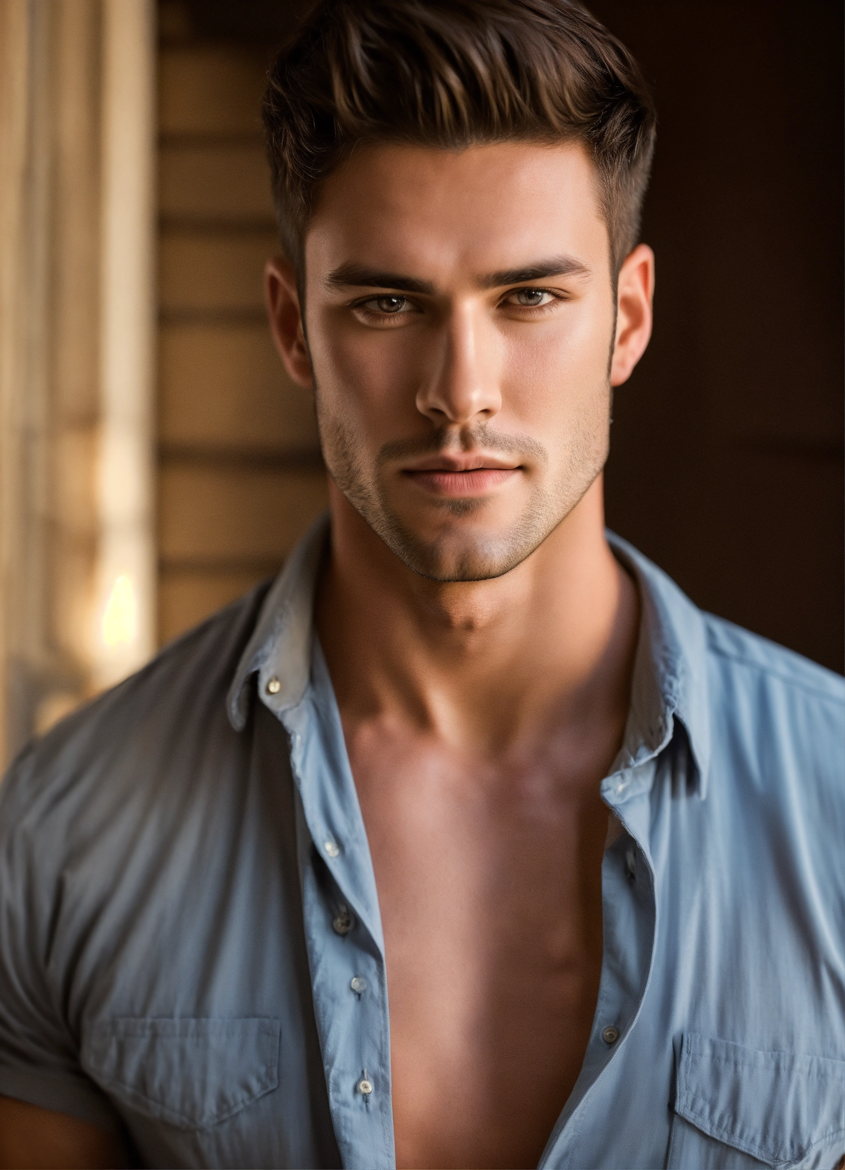 Lexica - Romance book cover photograph with a handsome male wearing a button up unbuttoned