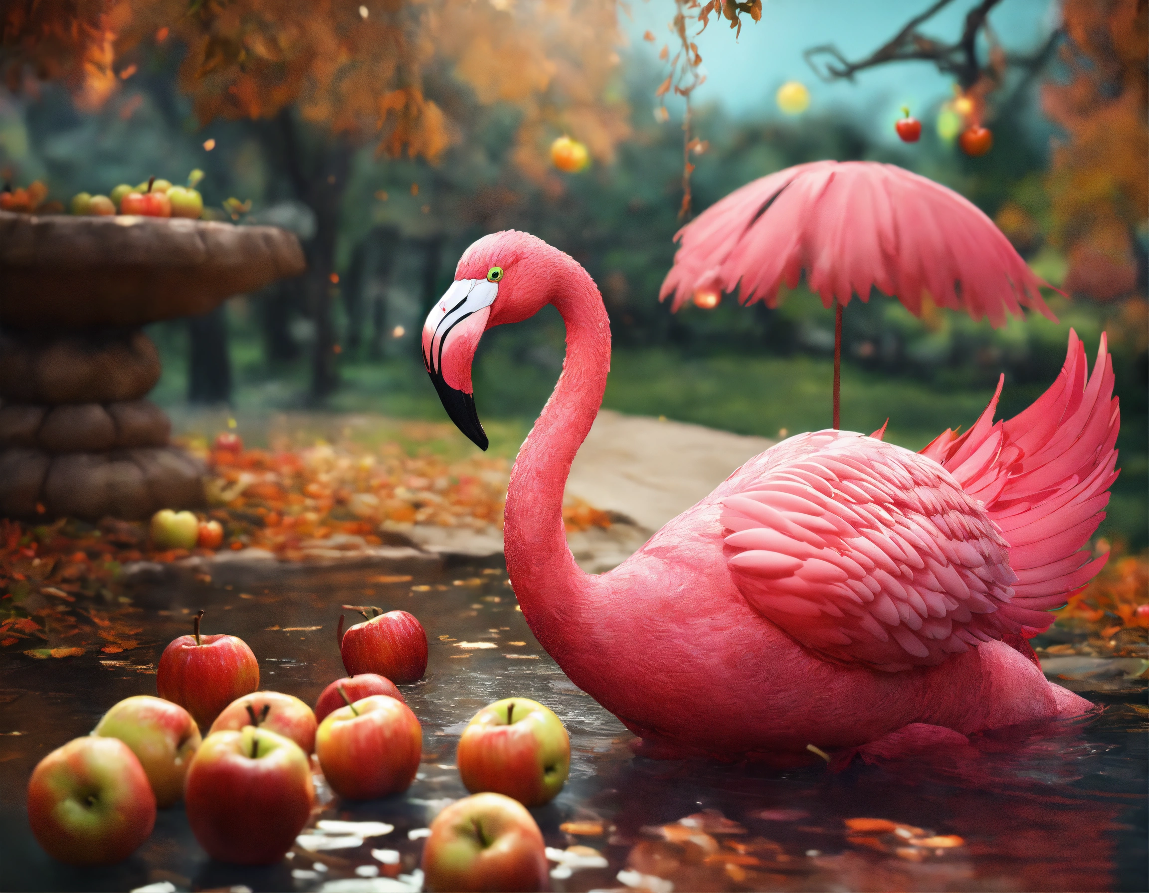 Lexica - A ‘pink flamingo in a dragon costume bobbing for apples on ...