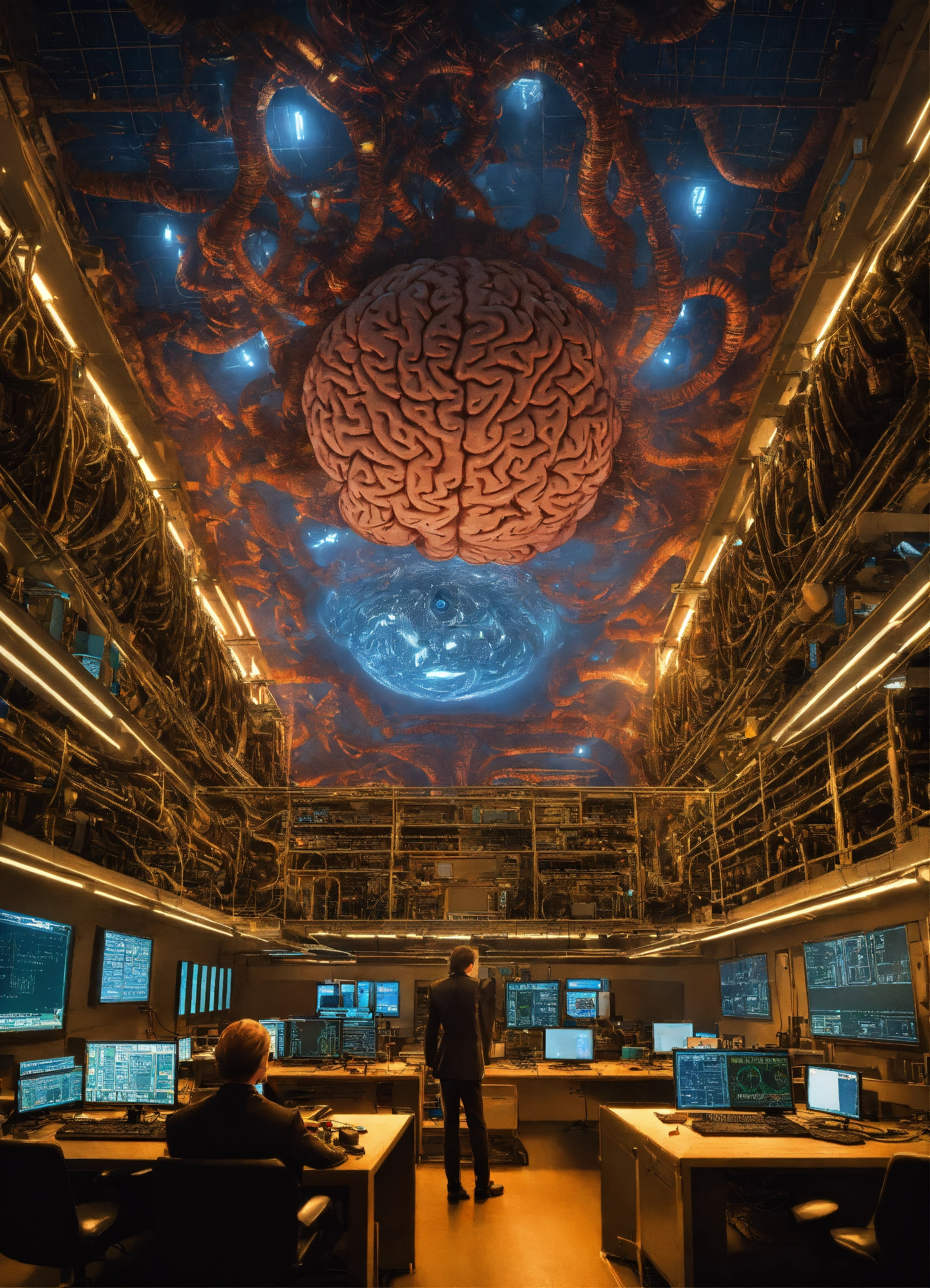 Lexica - In the center of the room, a colossal human brain is ...