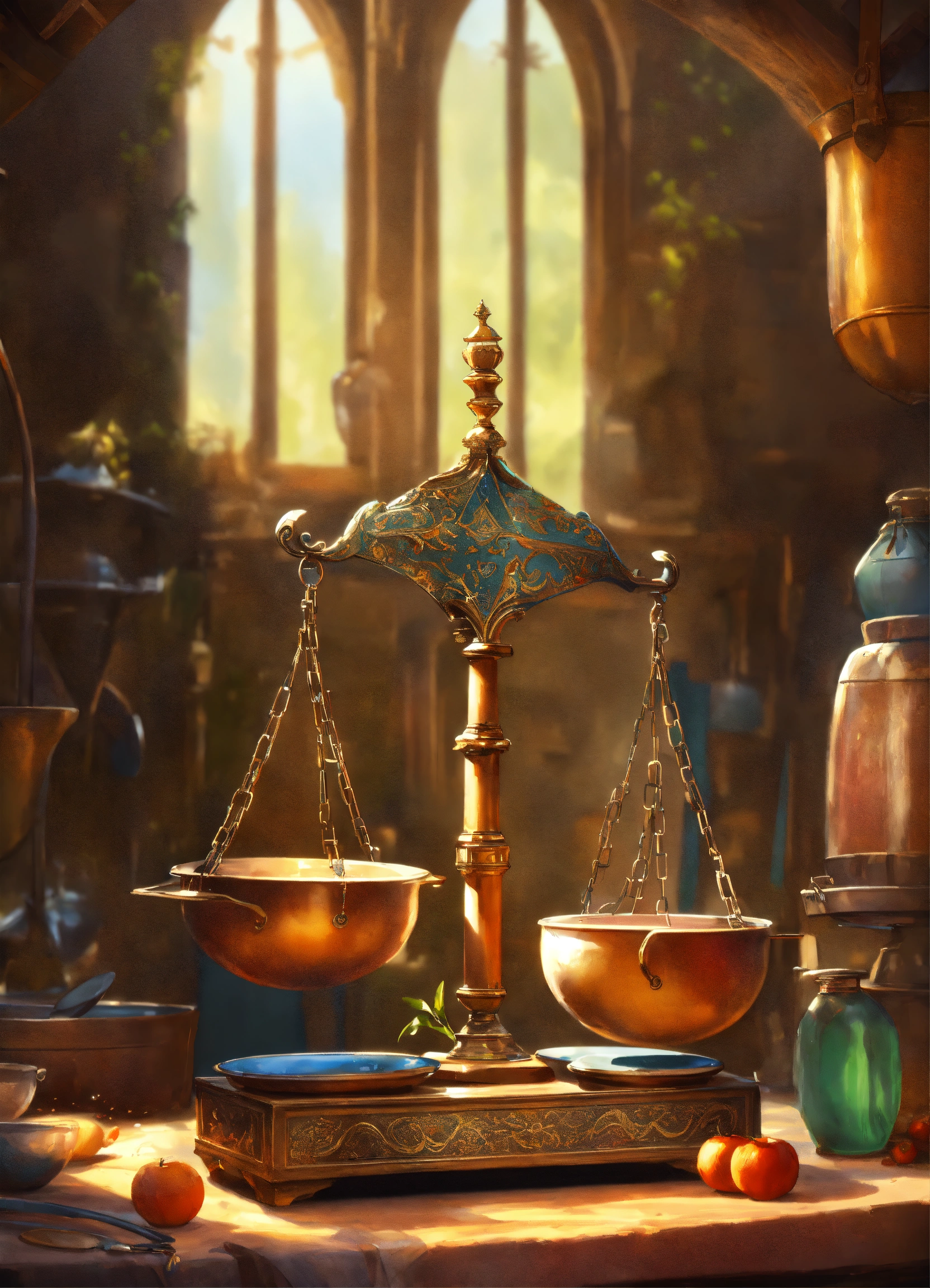 Lexica - A balanced weighing scale with 2 scale pans in medieval style ...