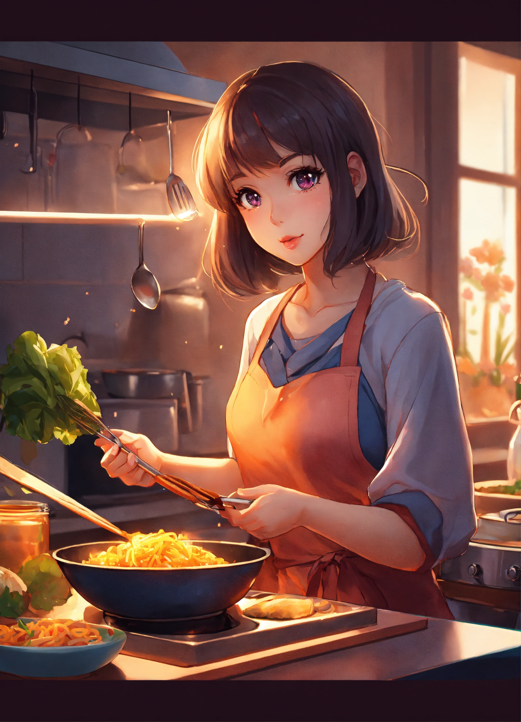 Lexica - A cute anime lofi girl cooking dinner at home during the night ...