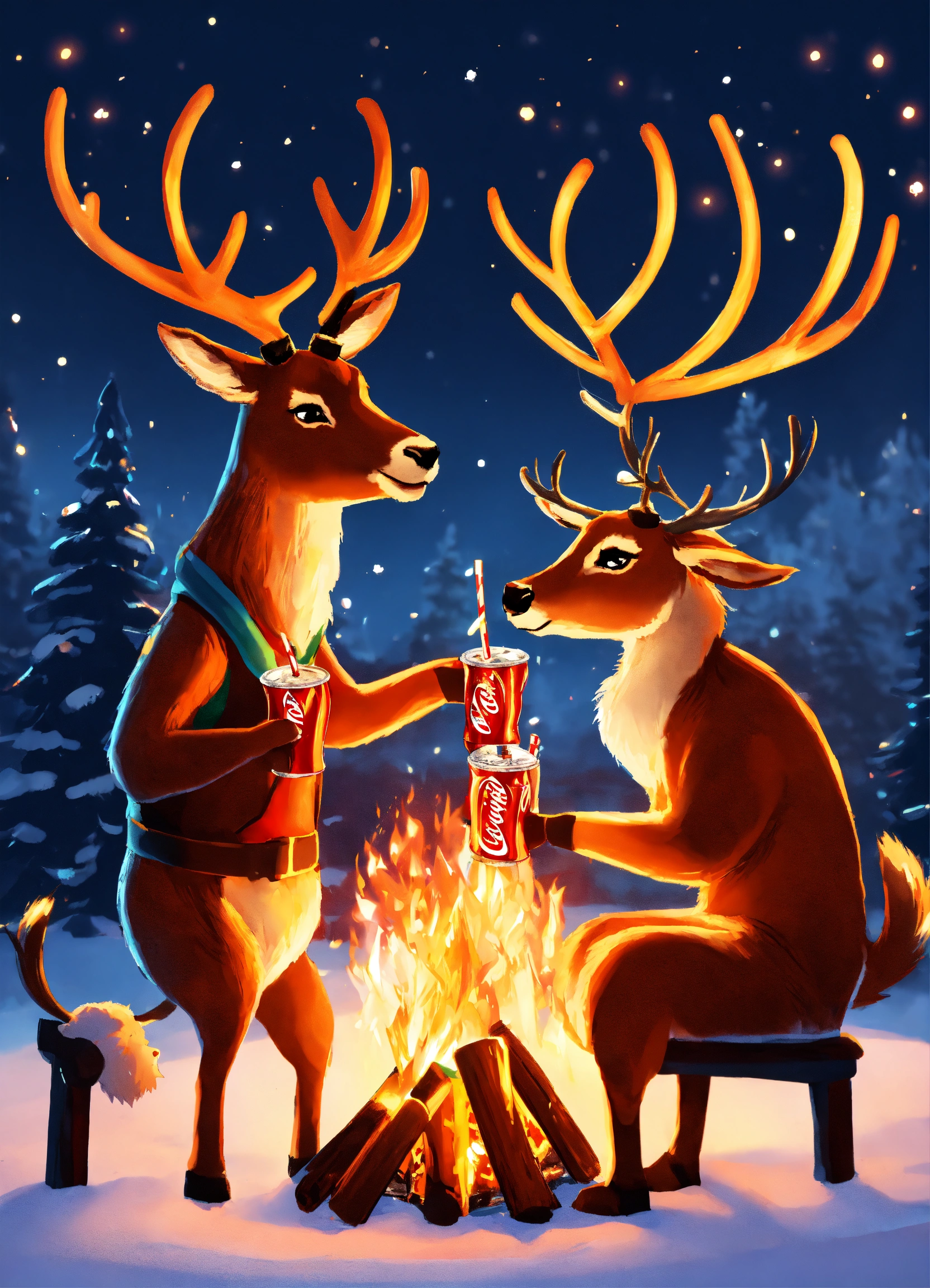 Lexica - Funny couple of reindeer drinking cocacola around a bonfire digital illustration