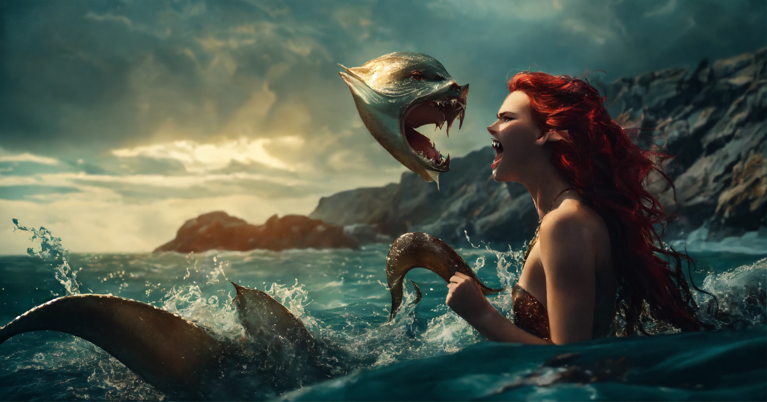 Lexica - Create a 4k detailed photo of two evil (mermaids) fighting each other. dramatic ...