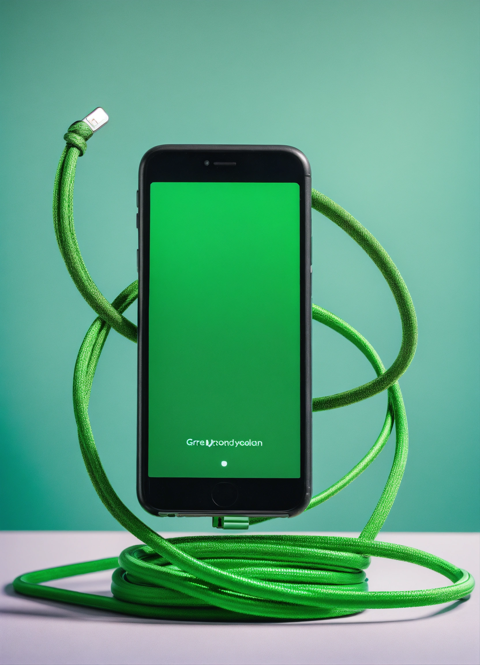 Lexica - Three suspended green bungee cords in knot holding phone ...