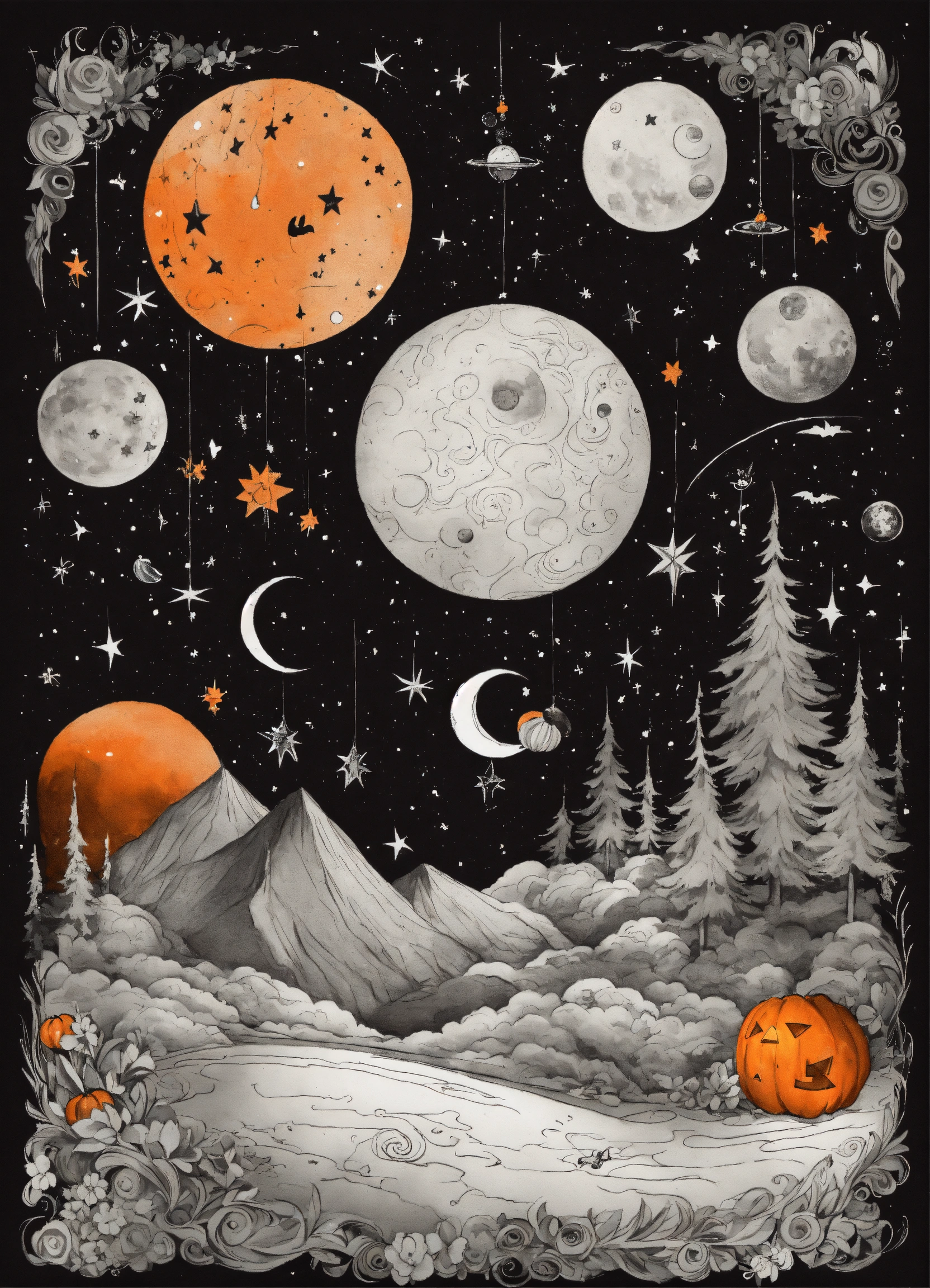 Lexica - Tattoo style INK DRAWING of magical MYSTICAL planets, moon ...