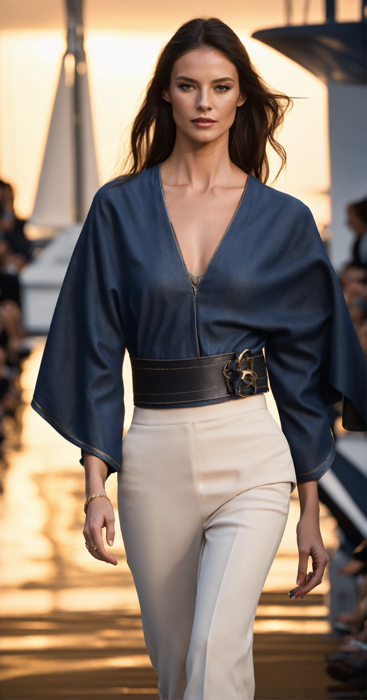 Lexica - 3d realistic photo of female captain walking runway during ...