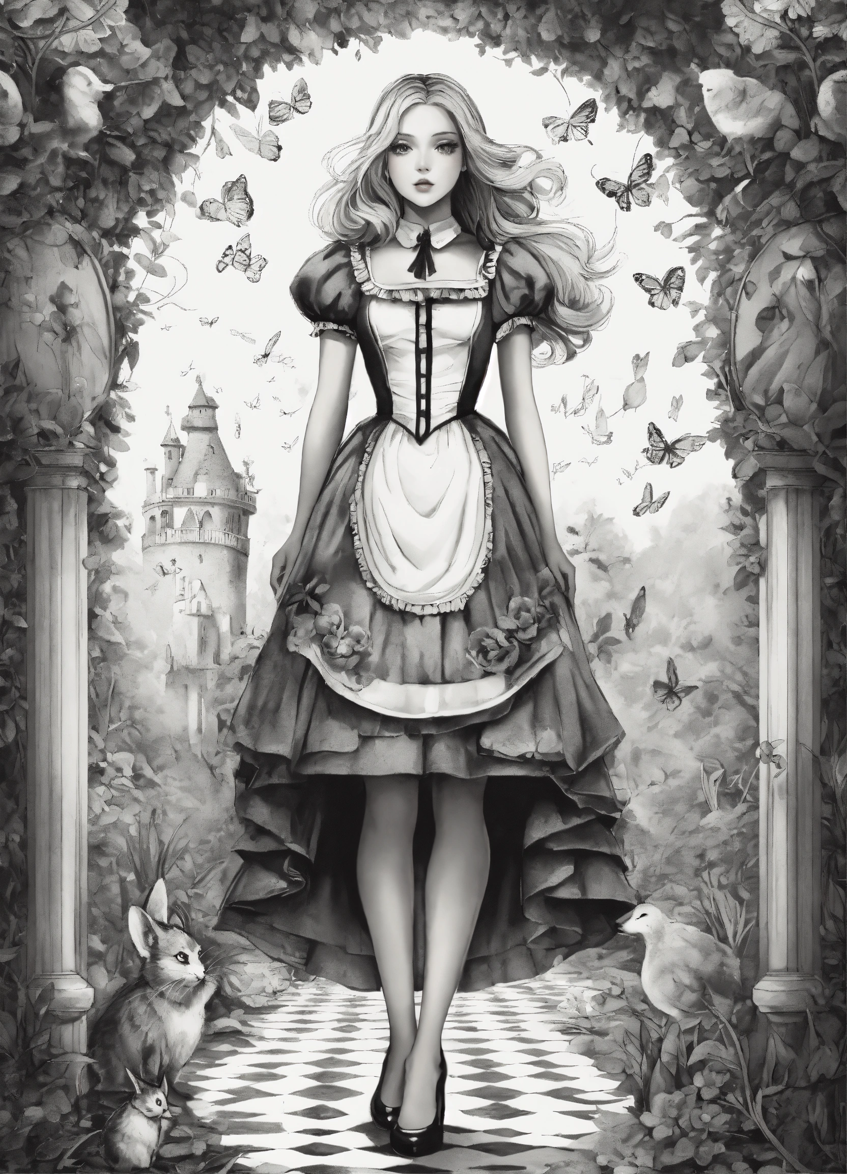 Lexica - Black and white illustration of beautiful Alice in Wonderland ...