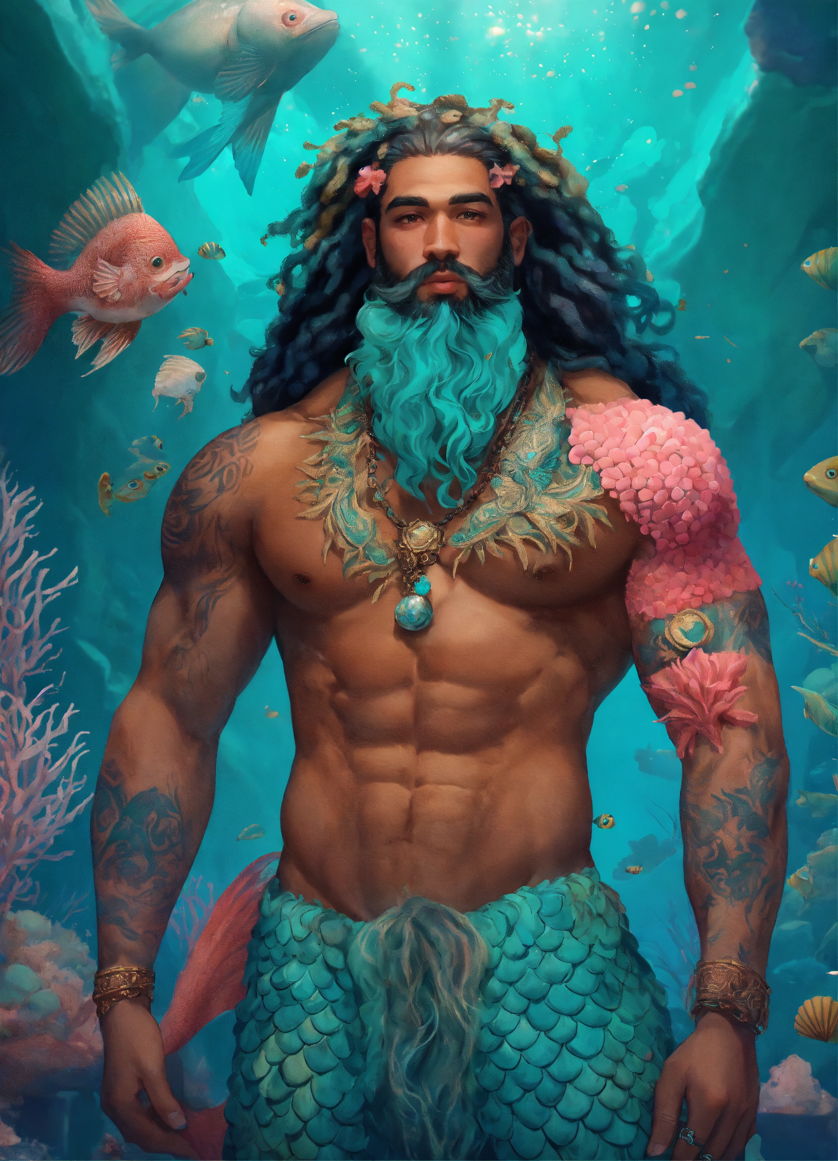 Lexica - A buff muscular Merman with scales Blue skintone with pink ...
