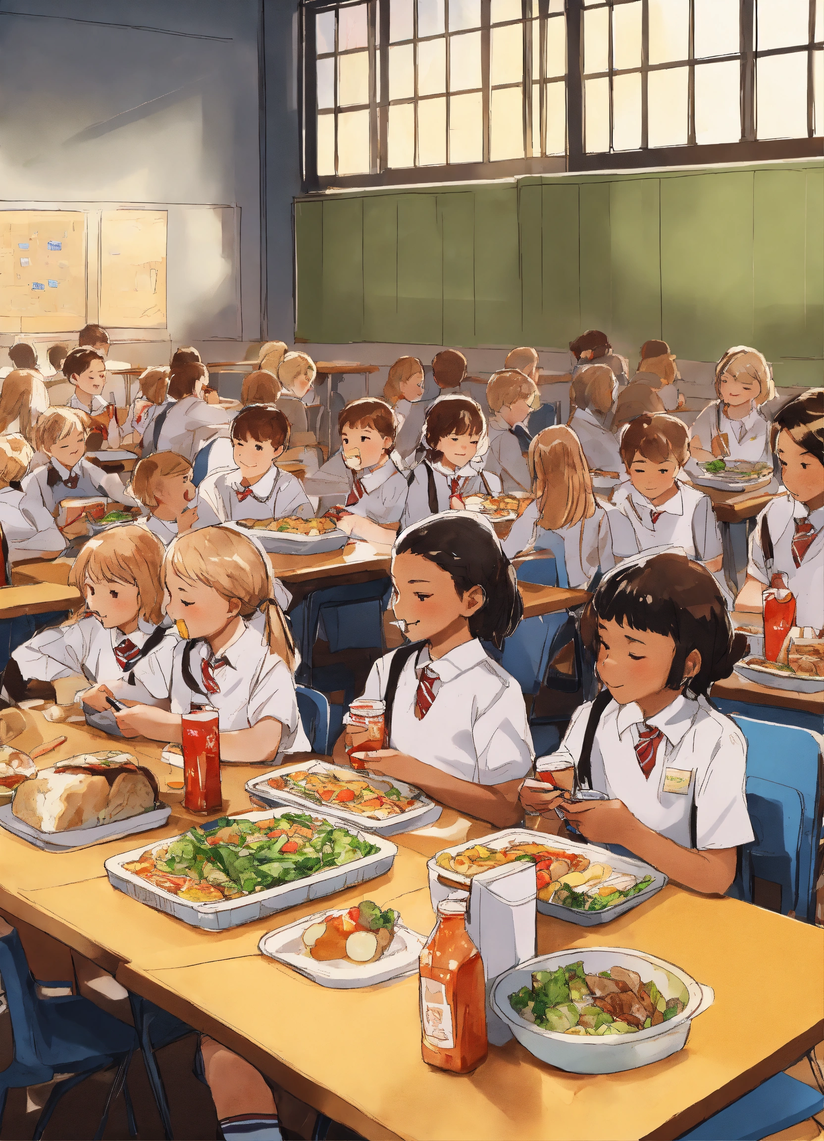 Lexica - Sketching of children in school uniform eating school dinner ...