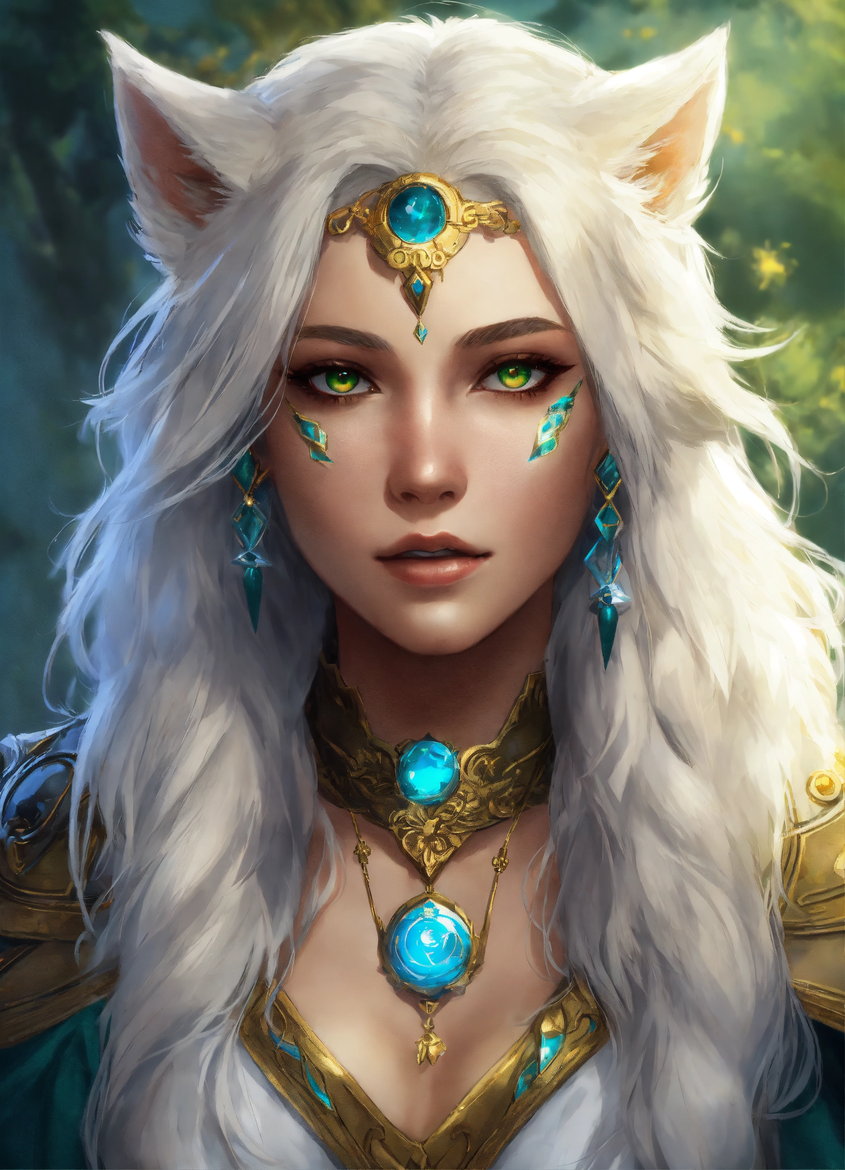 Lexica - Aasimar, female, Druid, gold eyes, white hair, blue-green skin ...
