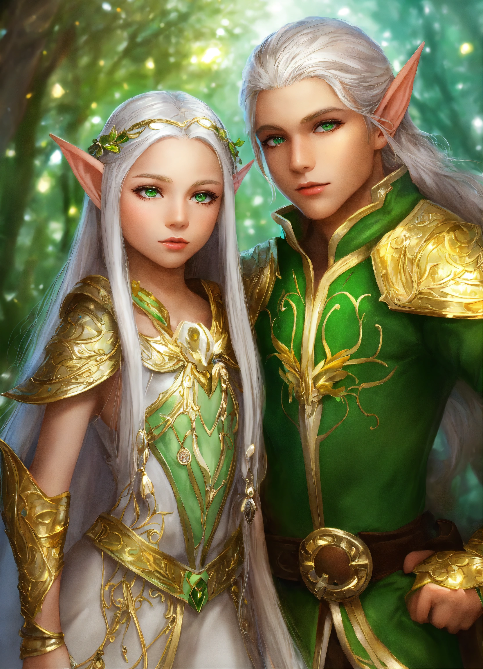 Lexica - Fantasy, boy and girl, elf, gold skin, green eyes, long silver ...