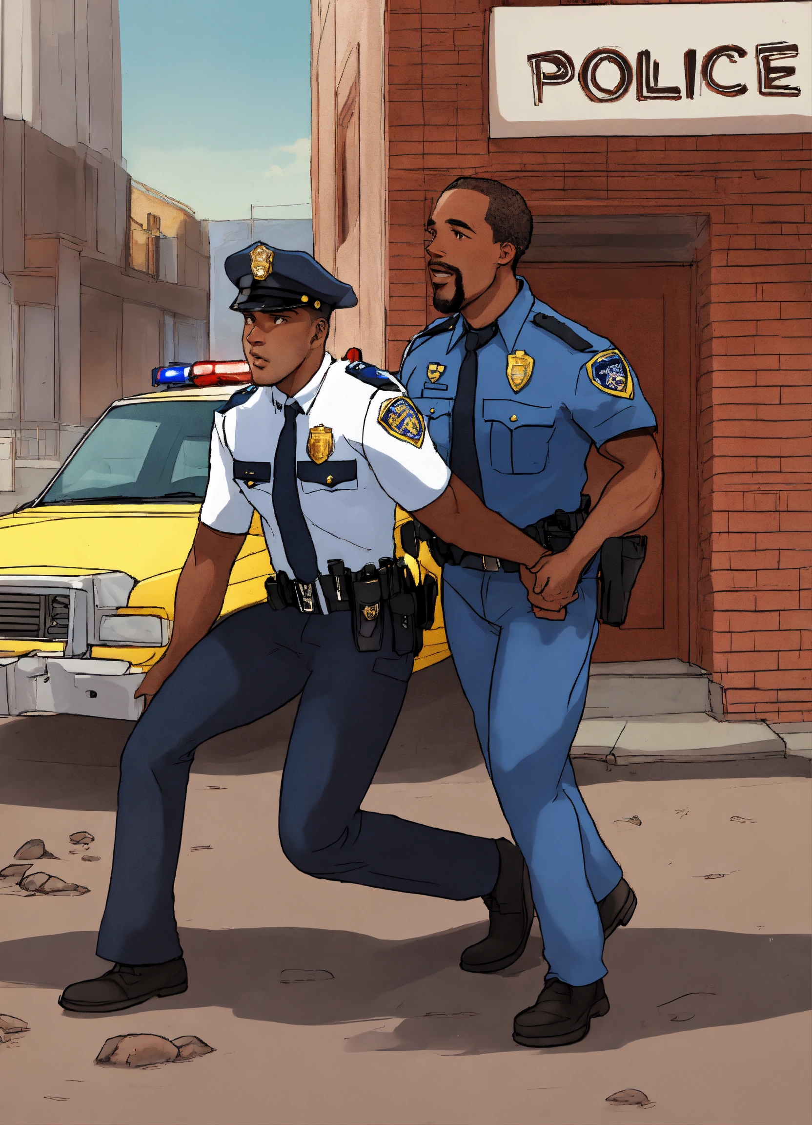 Lexica - A black civilian man rescuing a white police officer, cartoon ...
