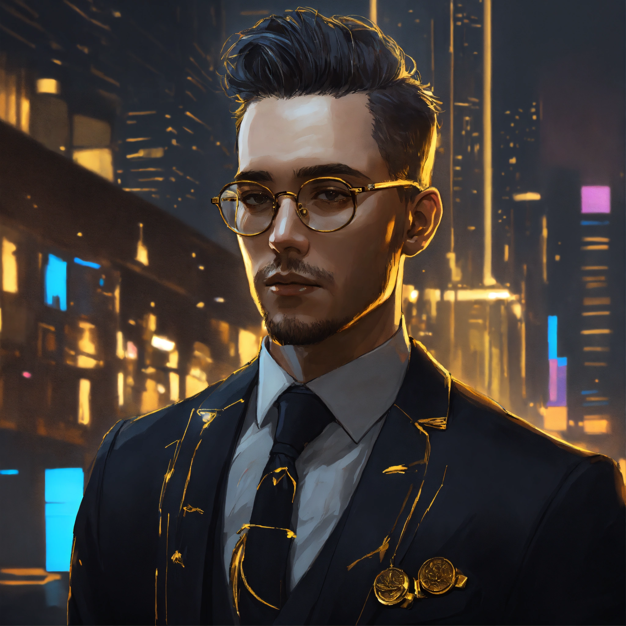 Lexica - Pale cyberpunk executive with glasses in a fancy black suit ...