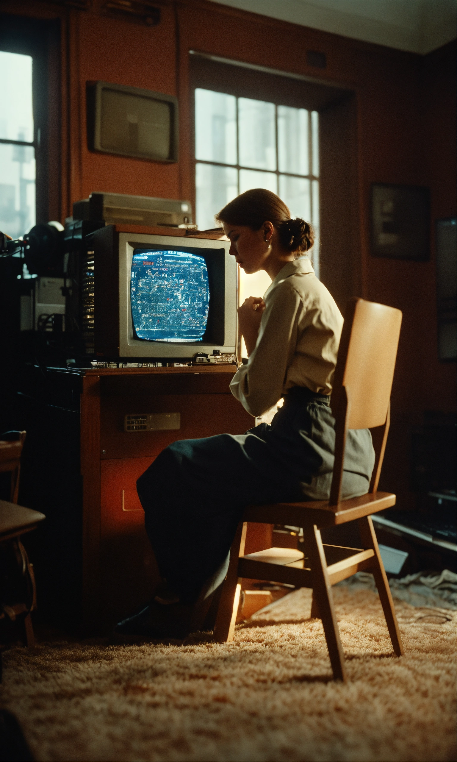 Lexica - A Soviet girl sitting in a chair in front of a soviet computer ...
