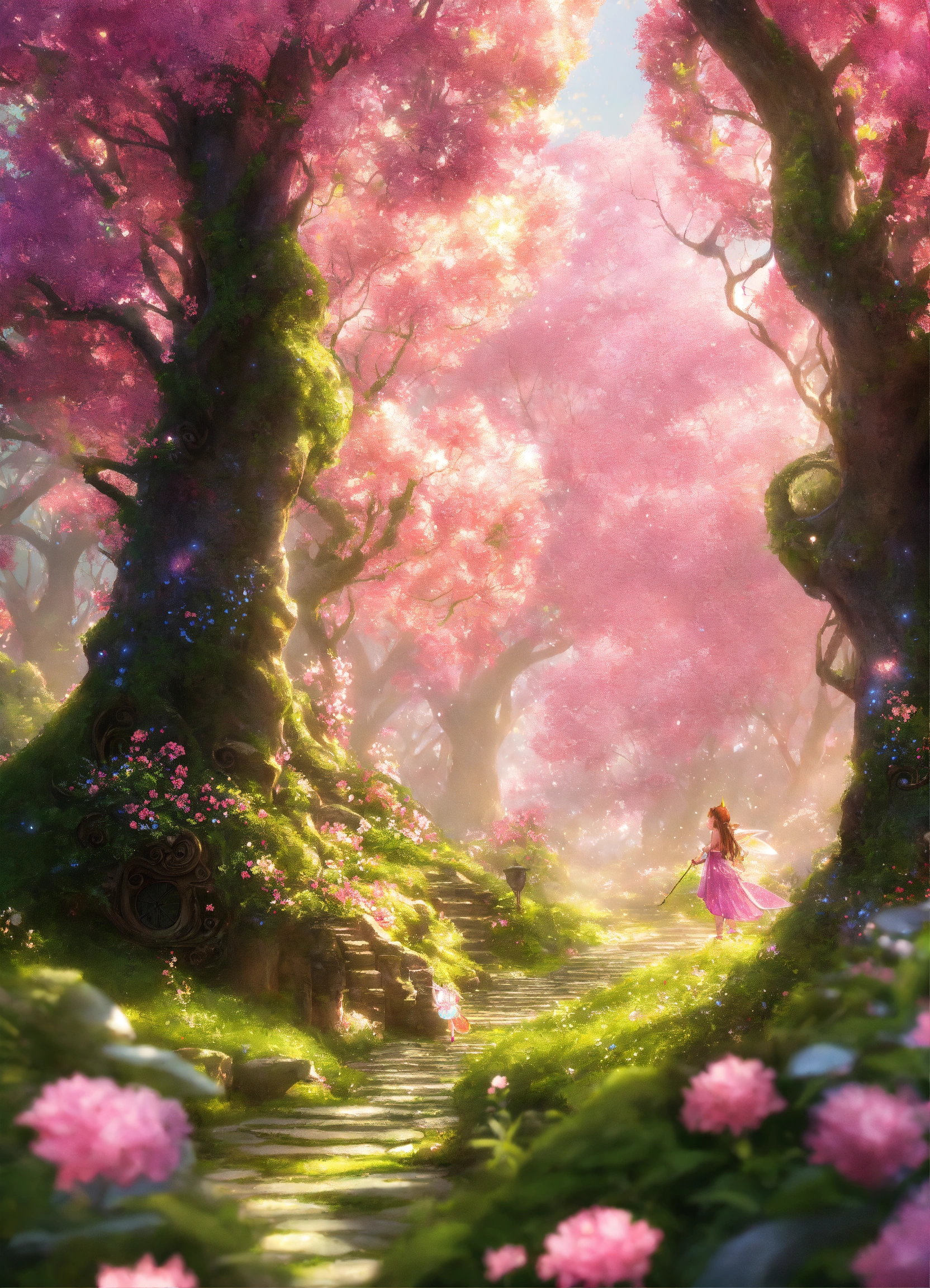 Lexica - Enchanted woodland fairies, pink, land covered in flowers, dnd ...