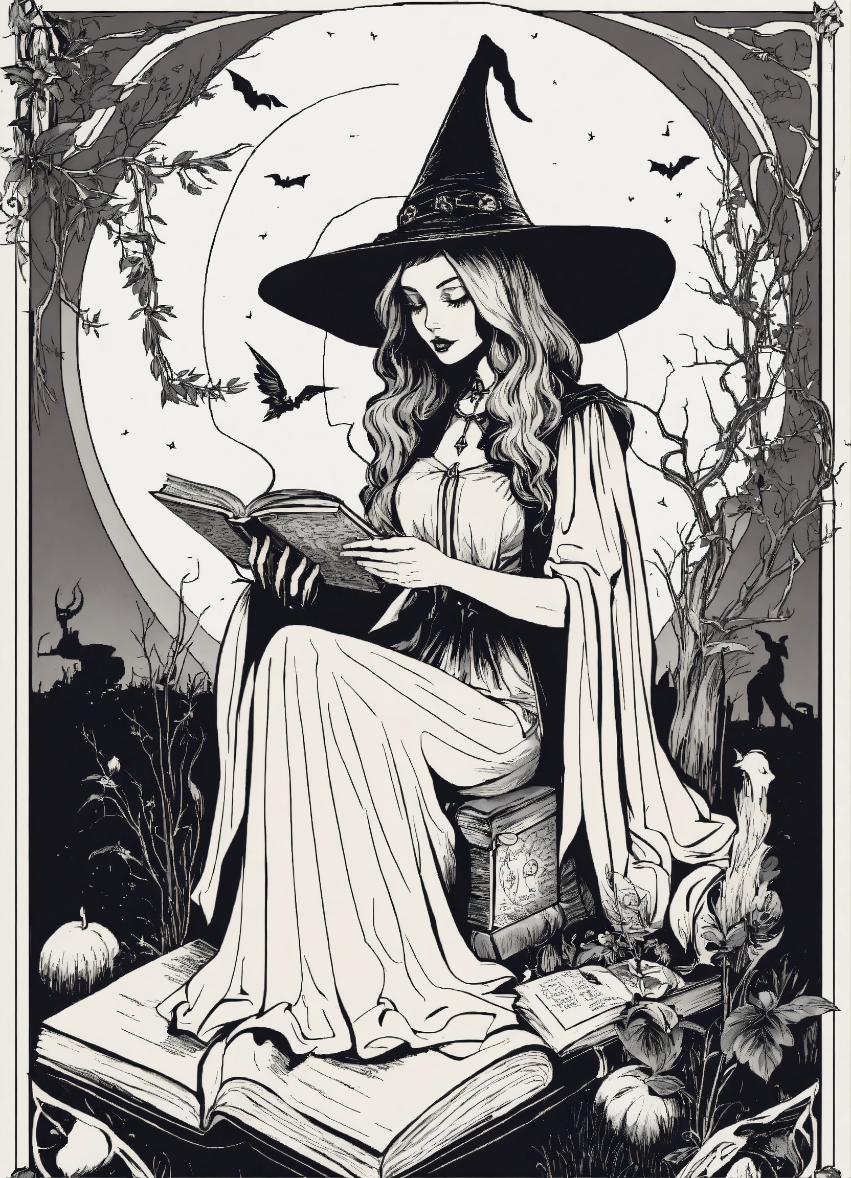 Lexica - Witch sitting on a grave reading a book, Vintage Gothic Dark ...