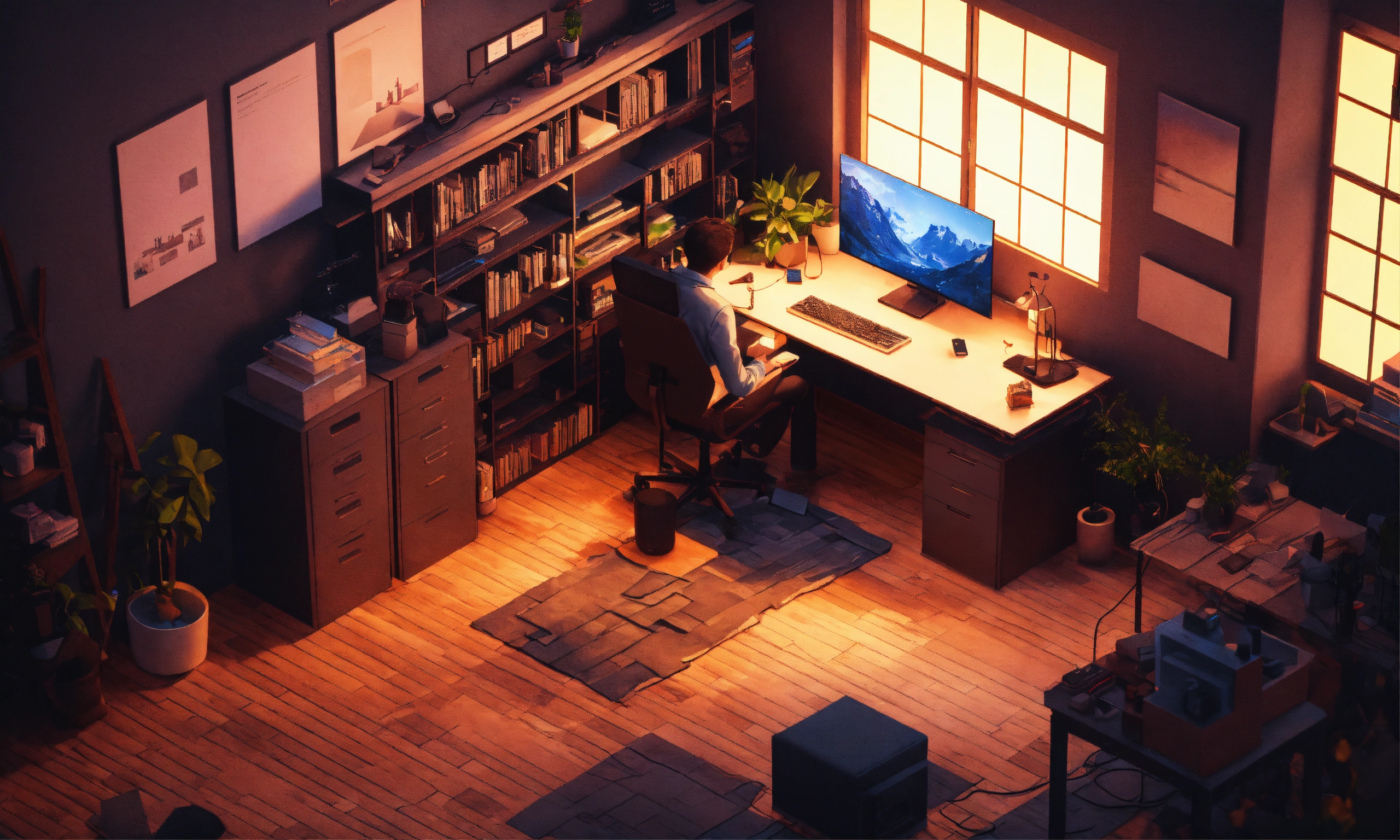 Lexica - A programmer in front of his computer station, isometric cube ...