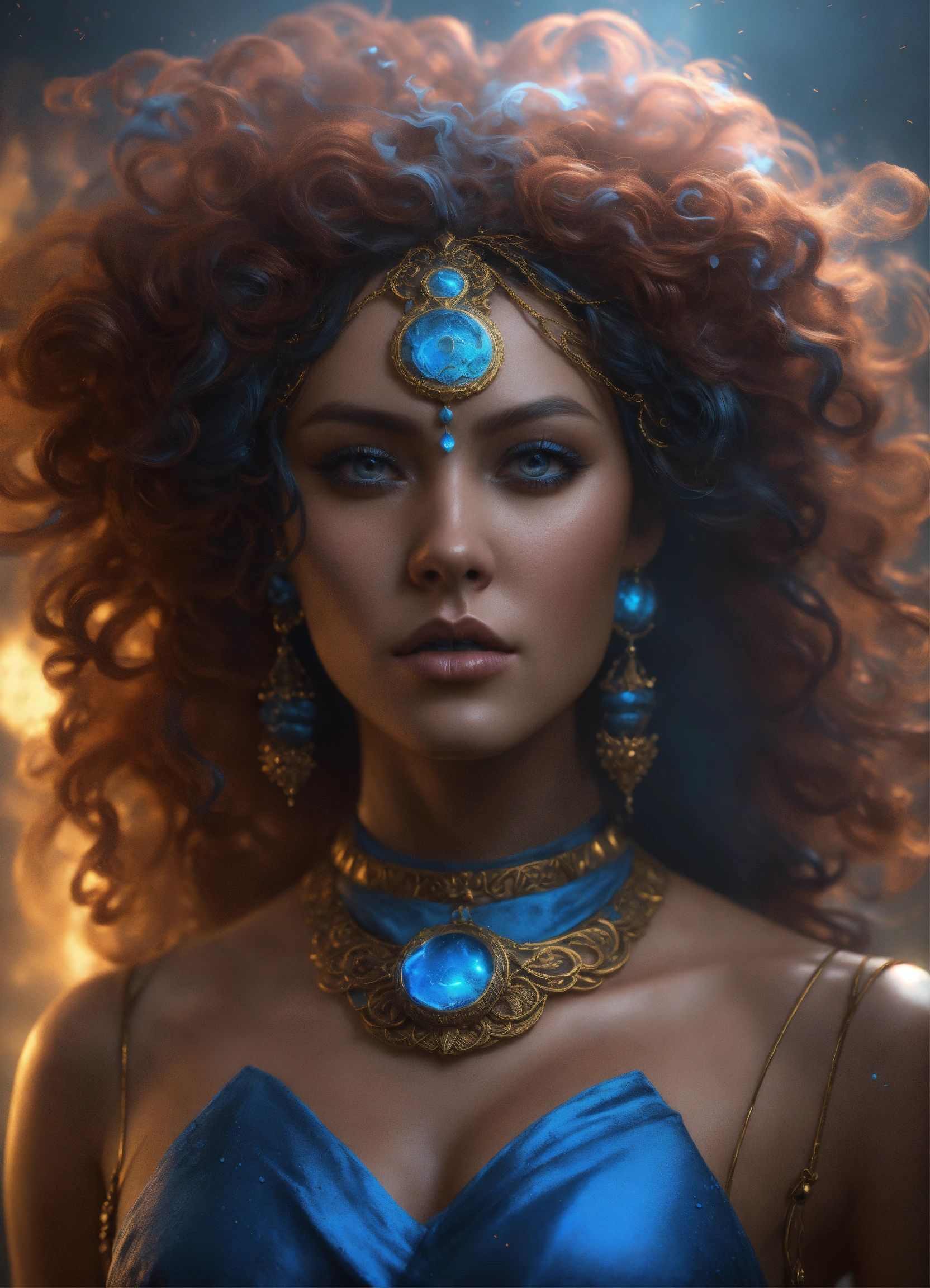 Lexica - "ethereal female genie", huge curly hair, blue skin, magic ...