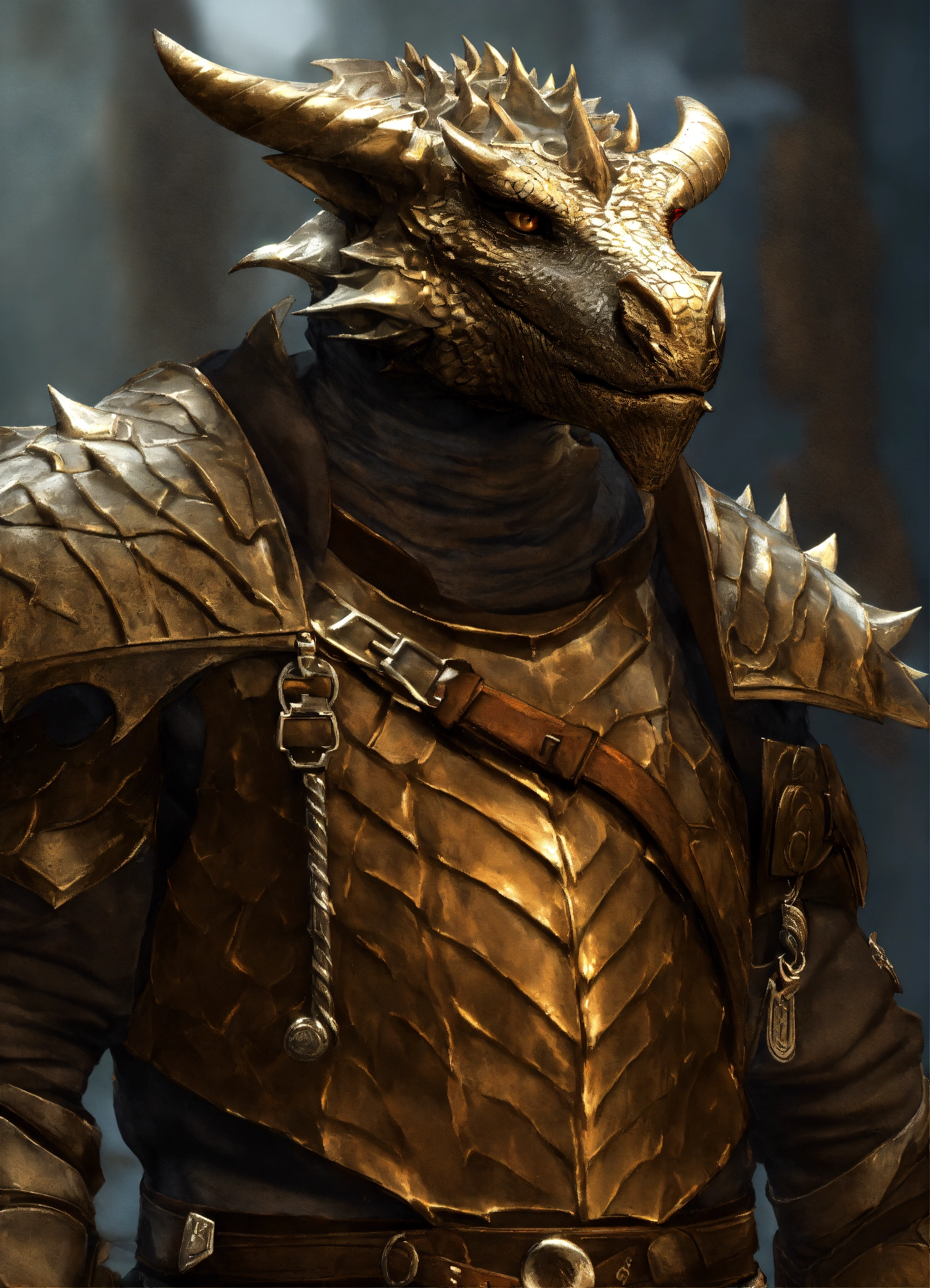 Lexica - Dragonborn, male, bronze, silver chest scales,
