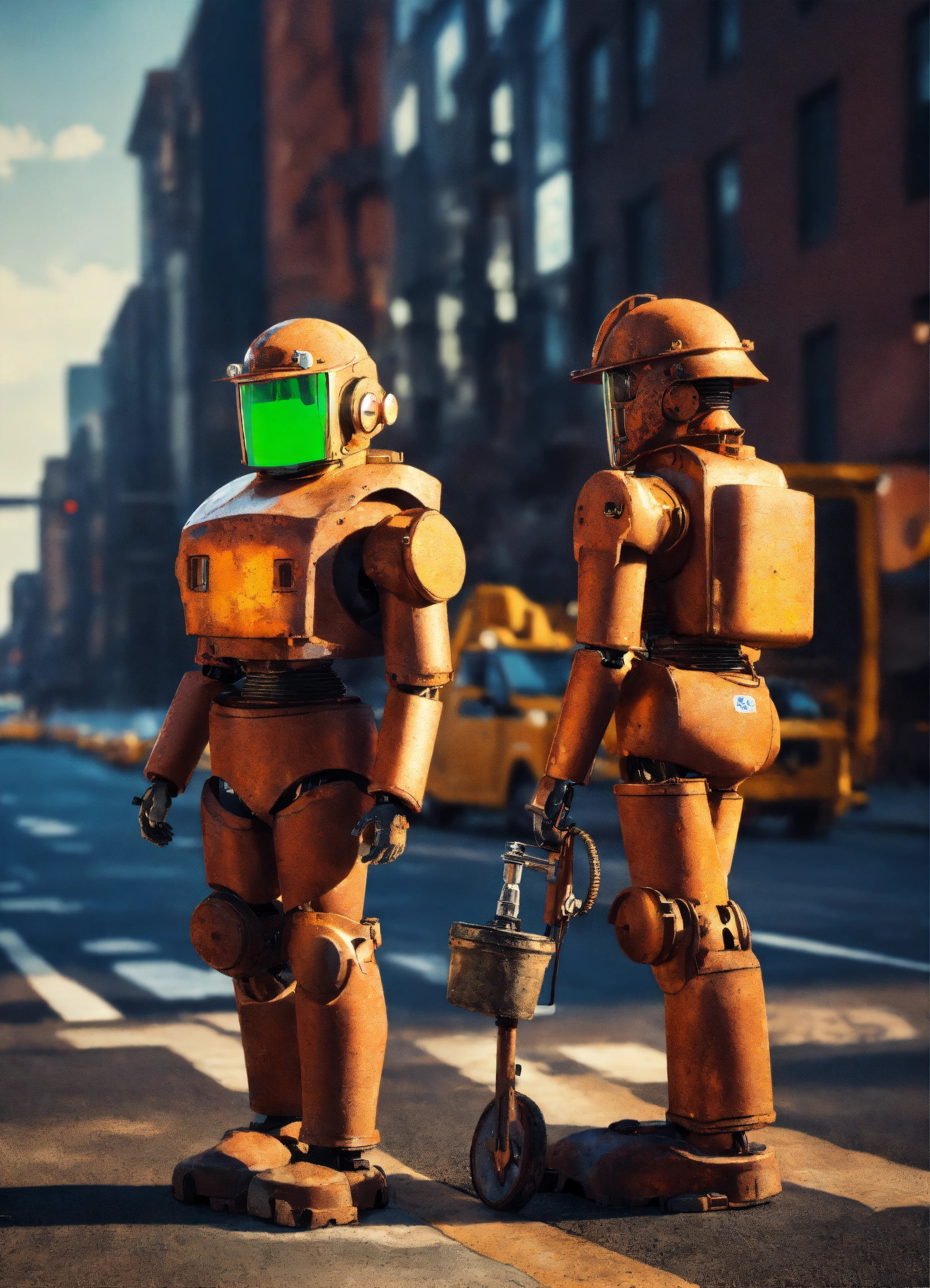 Lexica - 2 rusty semi-broken humanoid robots, in a busy street, mine ...