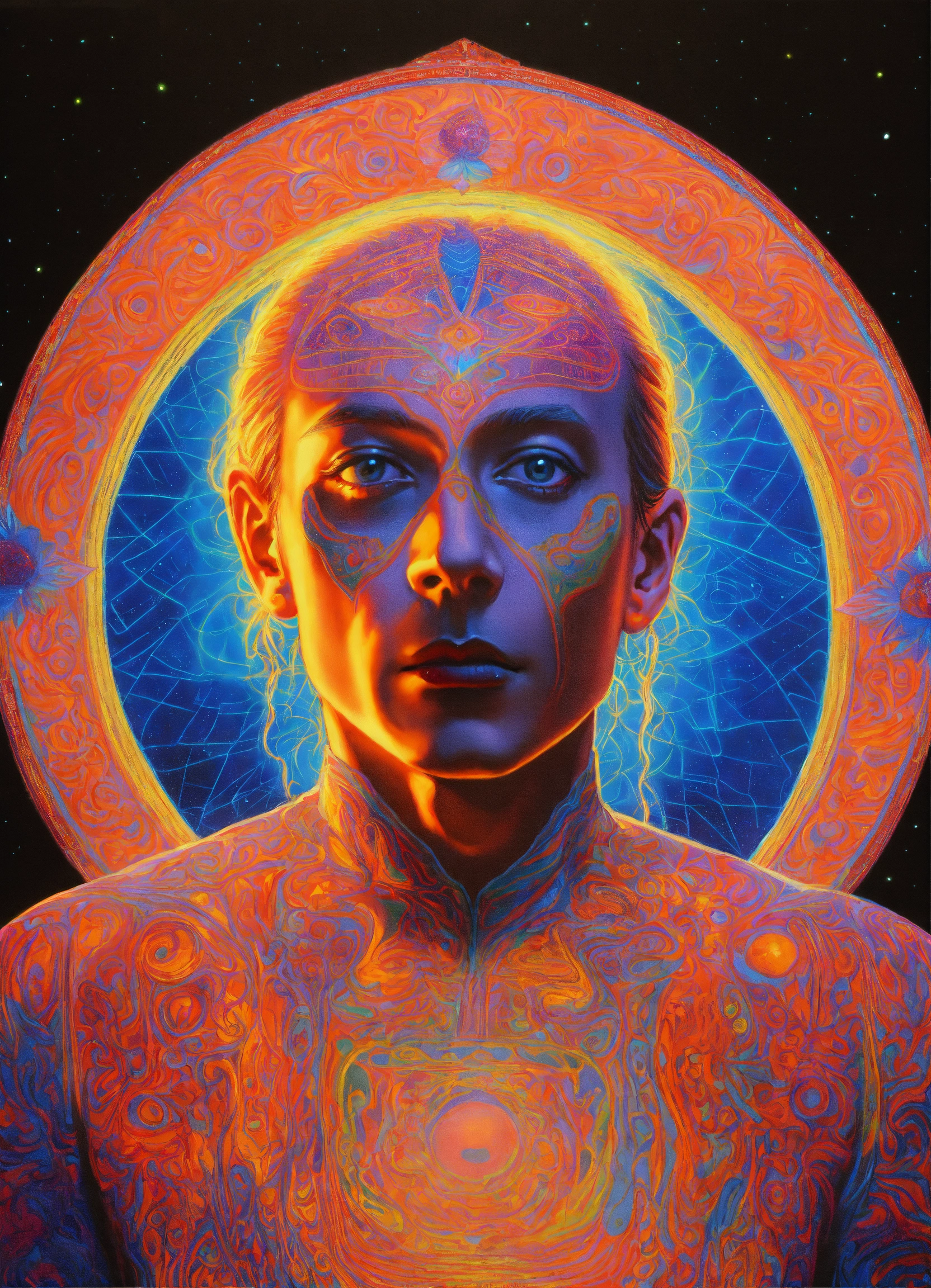 Lexica - Photorealistic portrait in bohemian style, of cosmic Alex Grey painting in a DMT black ...