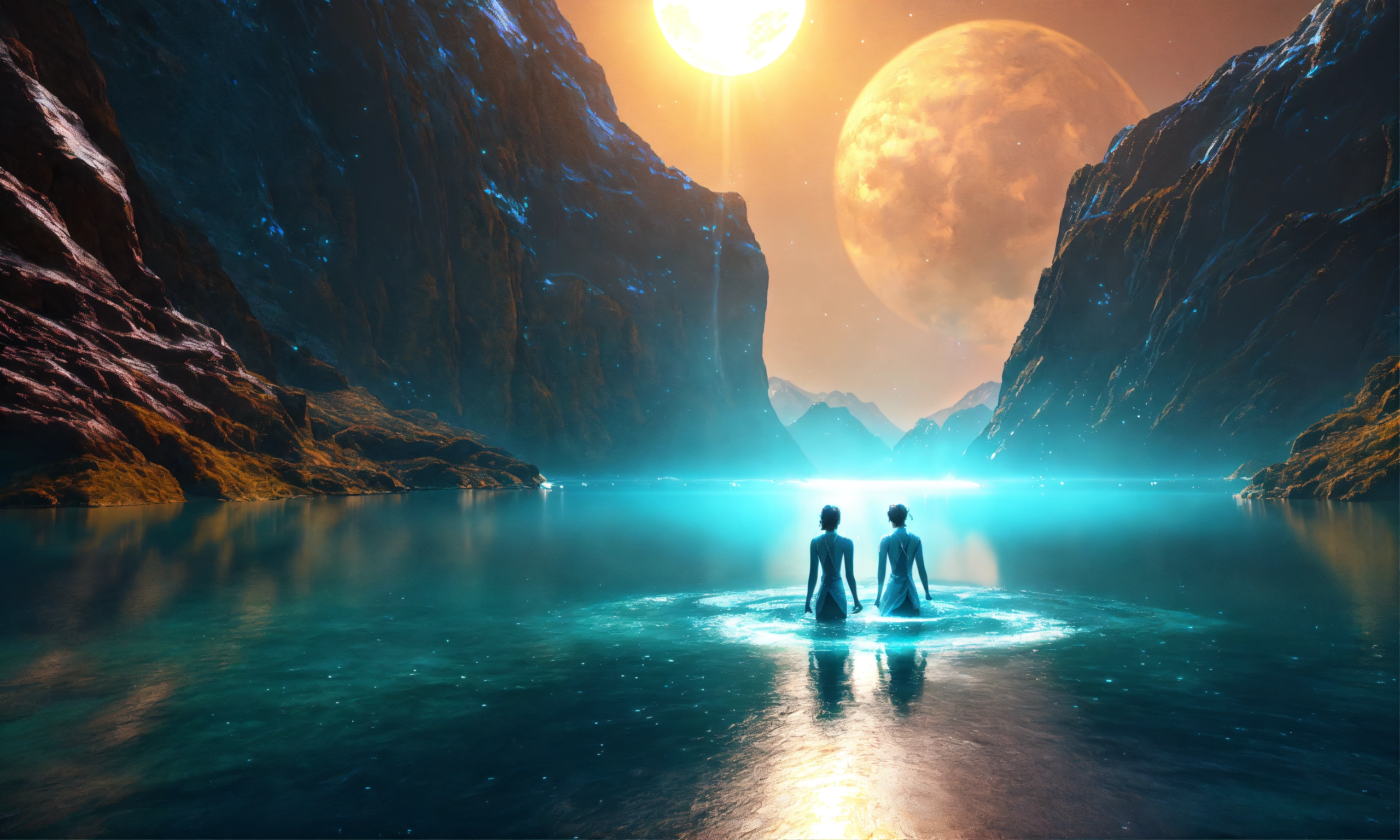 Lexica - Two ethereal water angel, mountain nebula, sun backgound ...