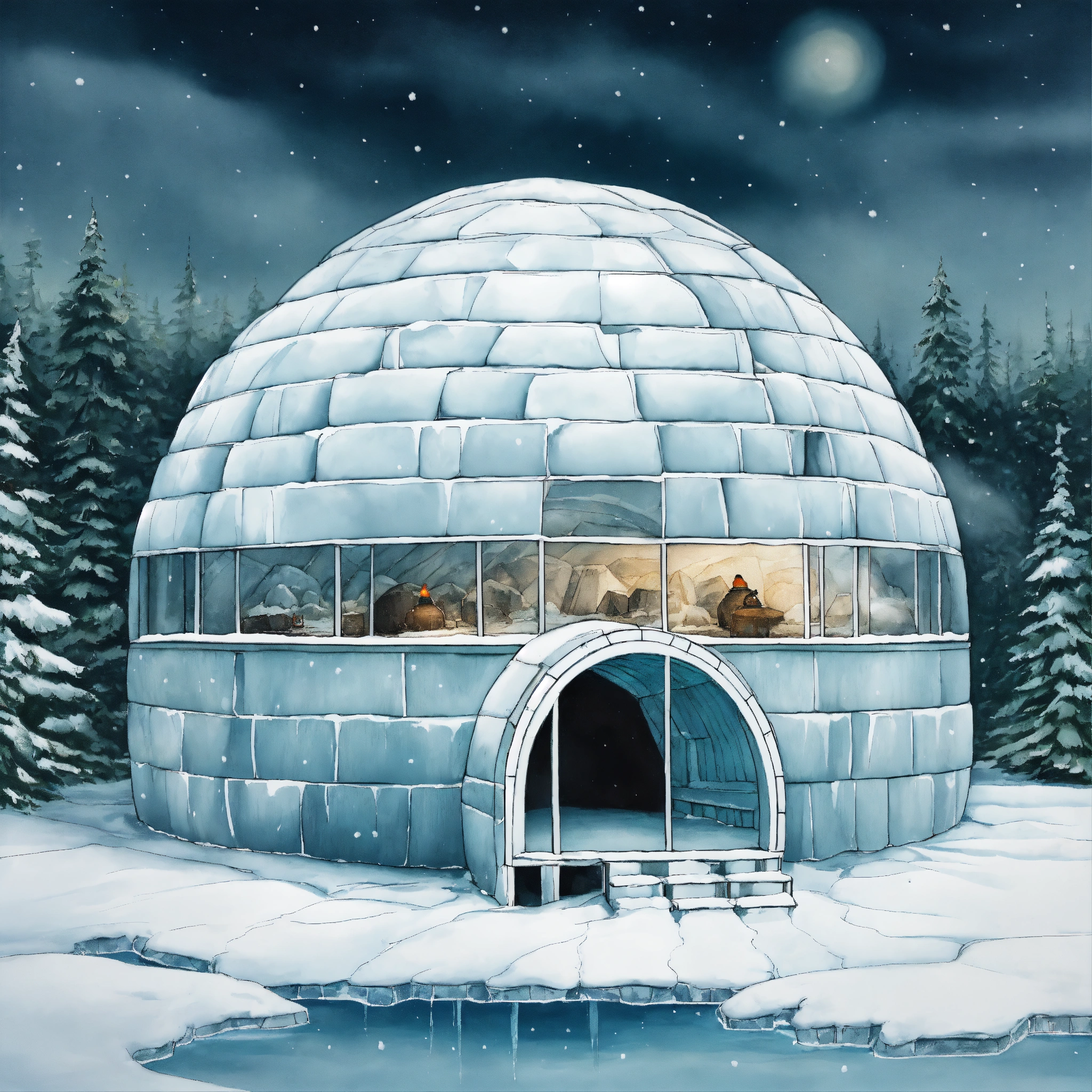 Lexica - A detailed illustration of a igloo on a floating iceberg in a ...