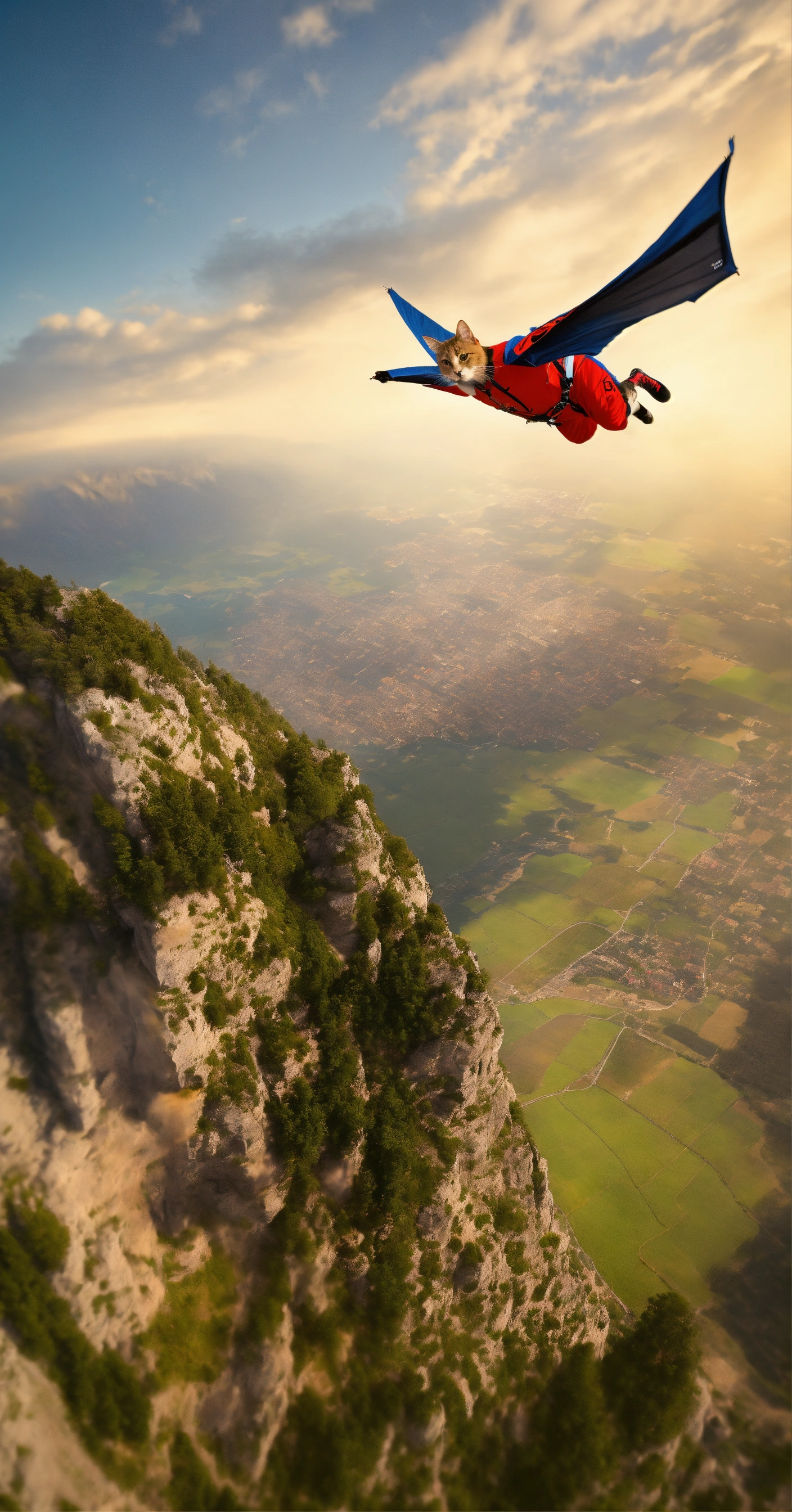 Lexica - Generate a picture of a cat as a wingsuit flyer, soaring through the sky in a wingsuit ...