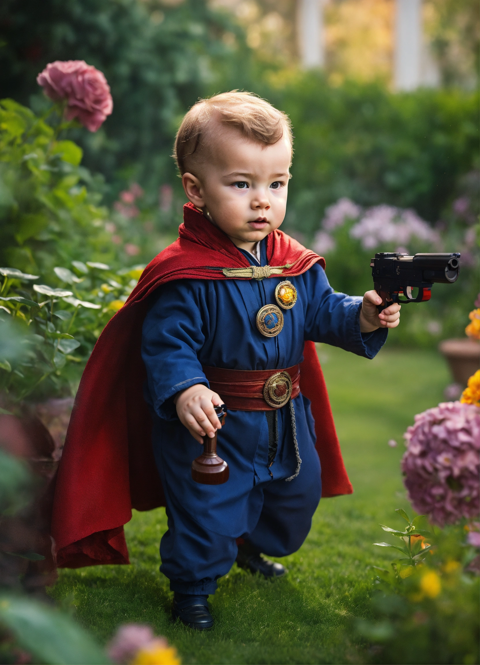 Lexica - Realistic, baby doctor strange playing gun, in the garden ...