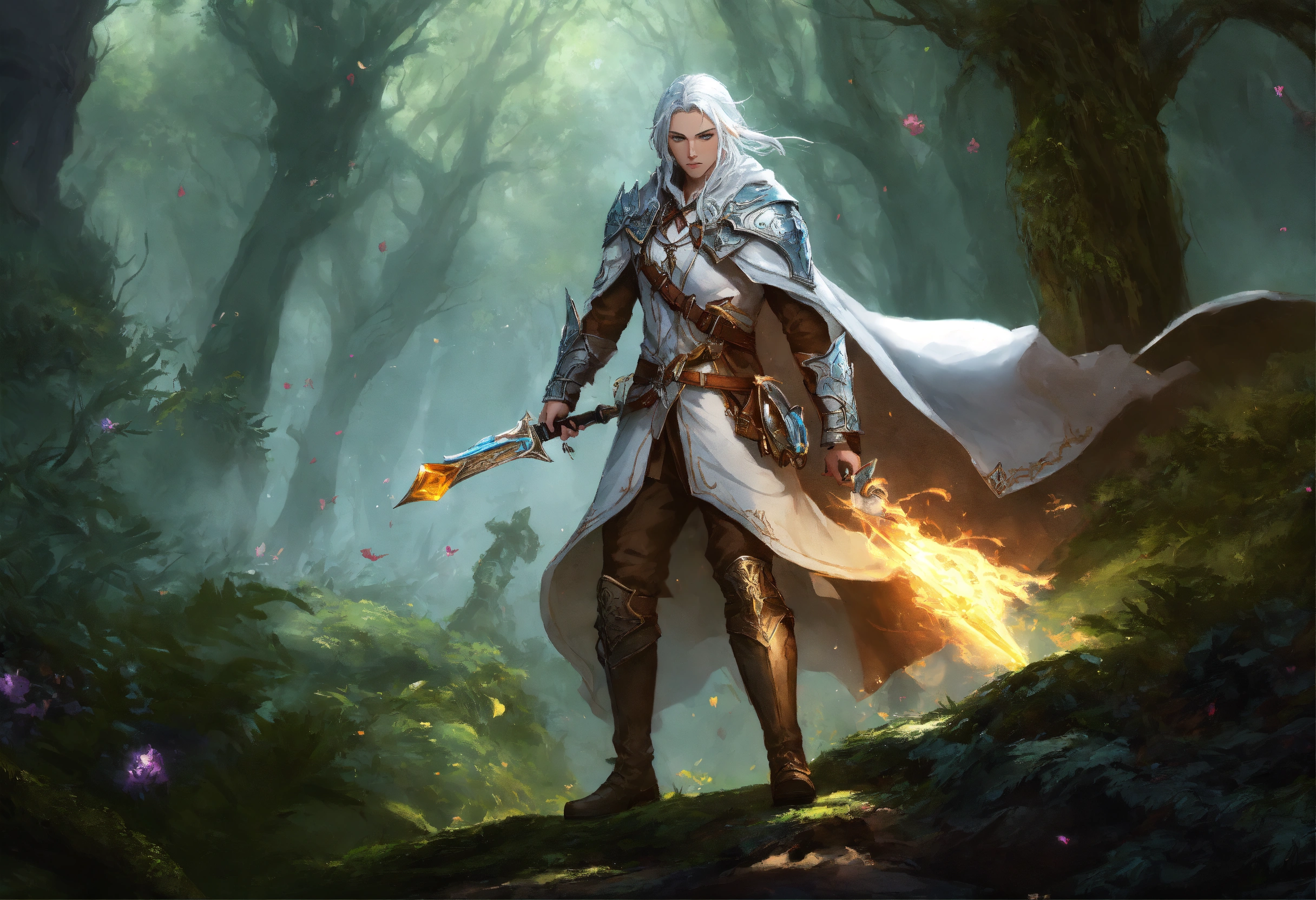 Lexica - High elf wizard, white cloak, leather, dense forest, fighting ...
