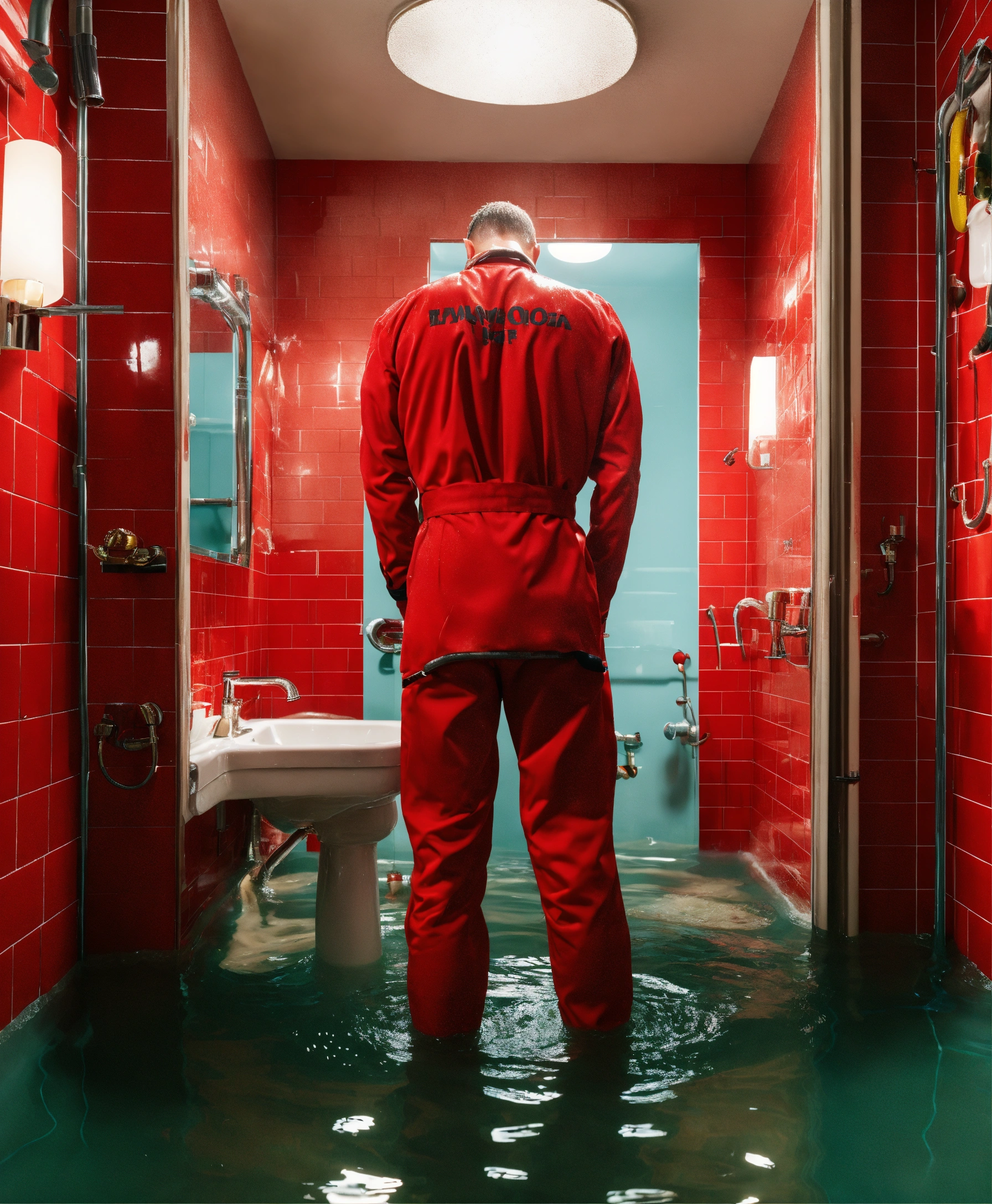 Lexica - A plumber in a red outfit stands inside a flooded and chic ...