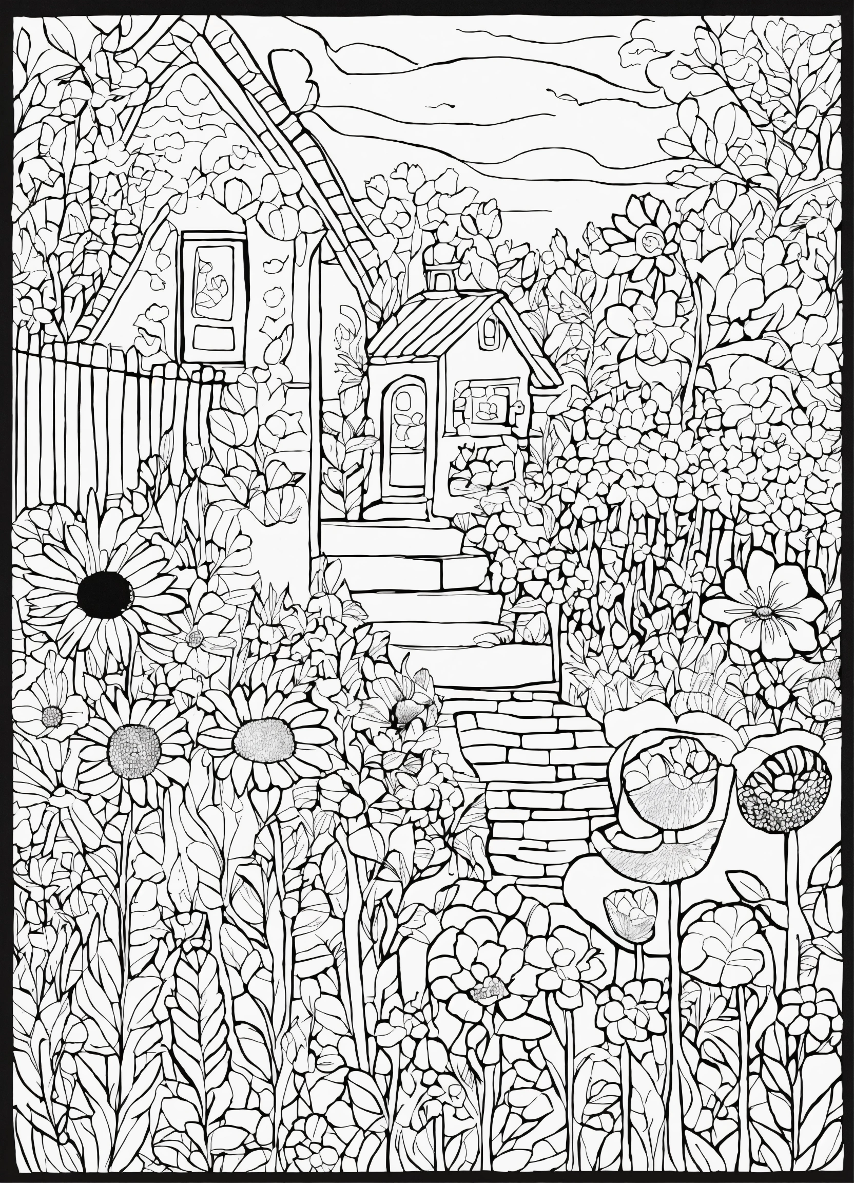 Lexica - A black and white line art drawing flowers scene folk art ...