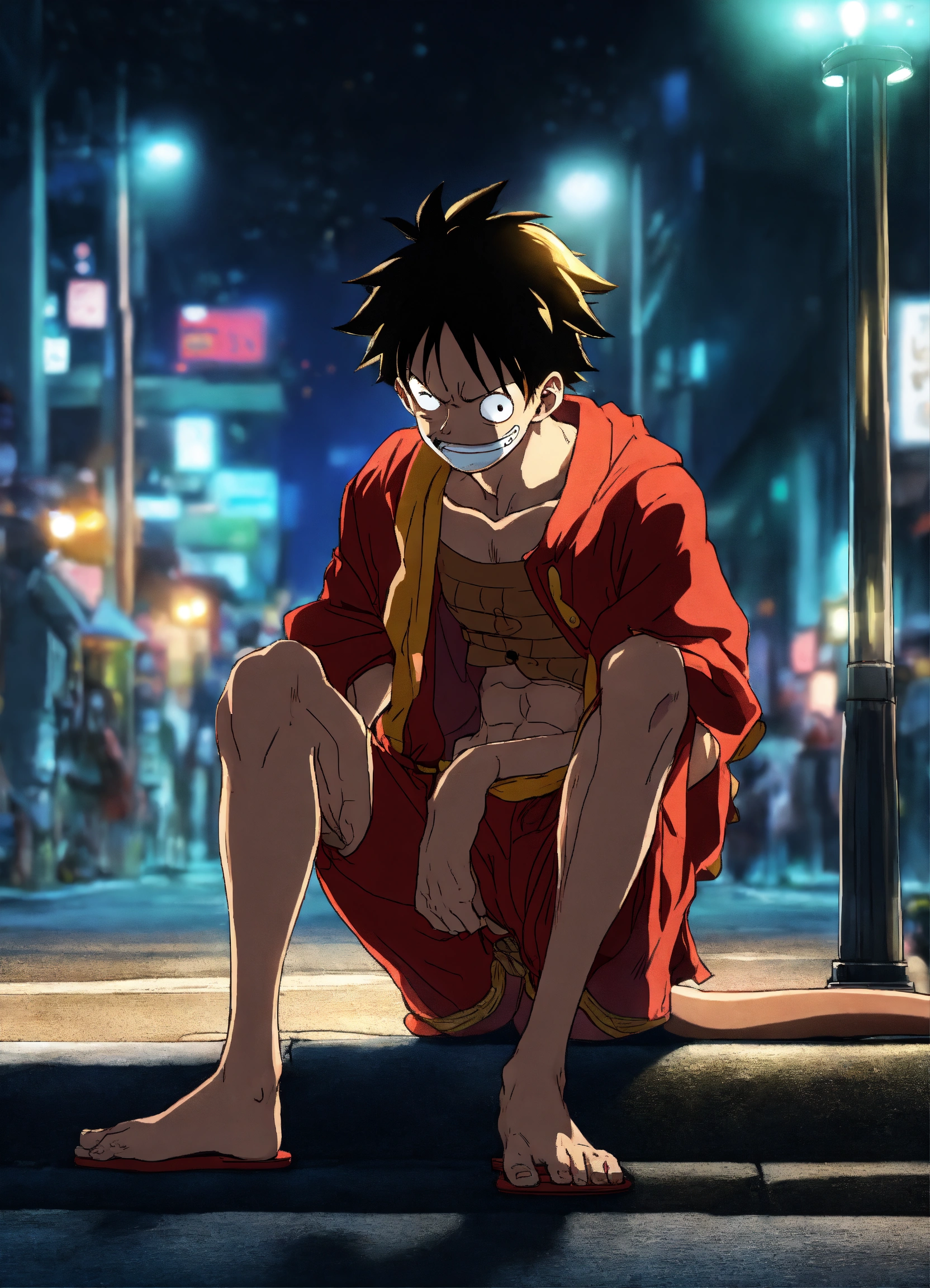 Lexica - Monkey D. Luffy sitting on the street under the spotlights in ...