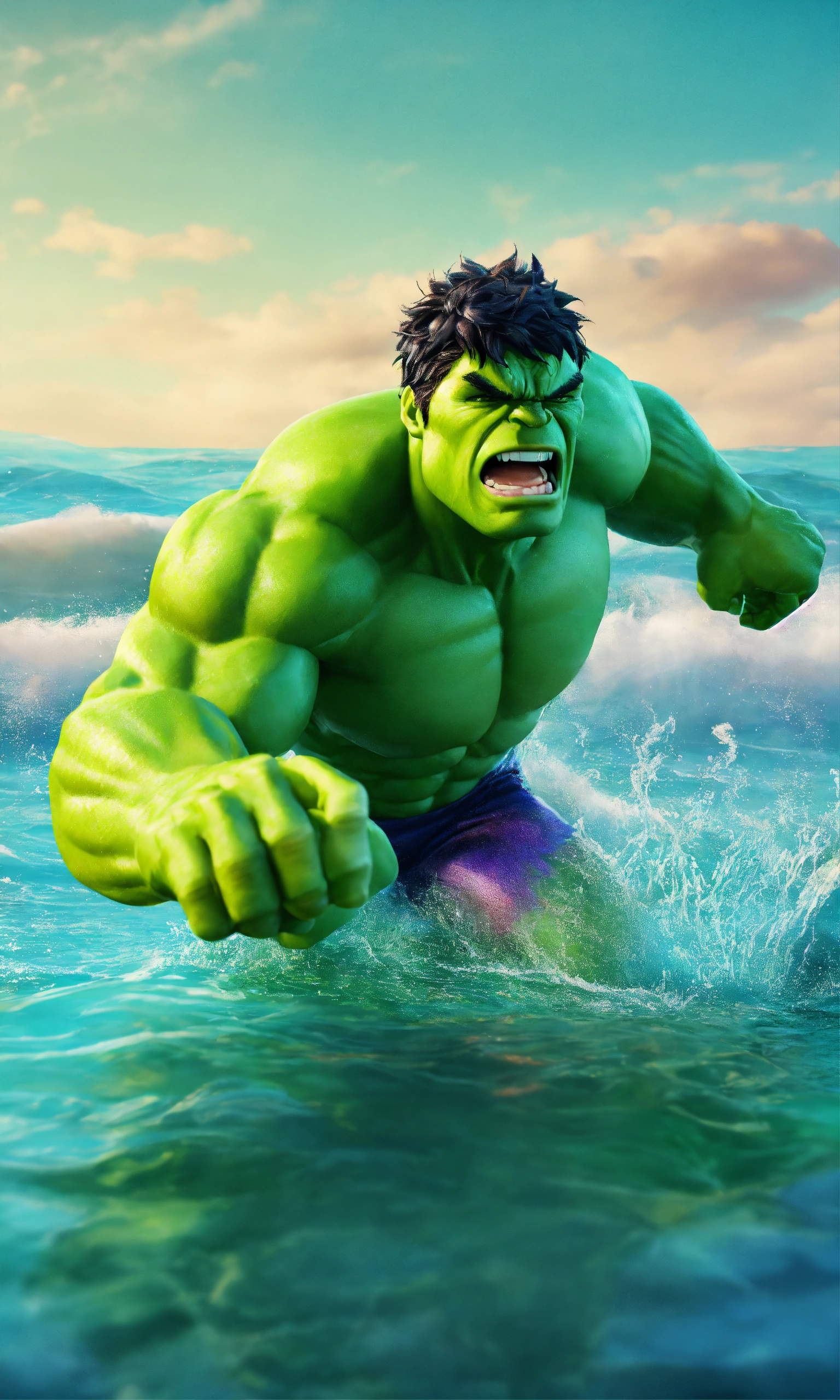 Lexica - Hulk swimming on the seaside full-body, colorful background ...
