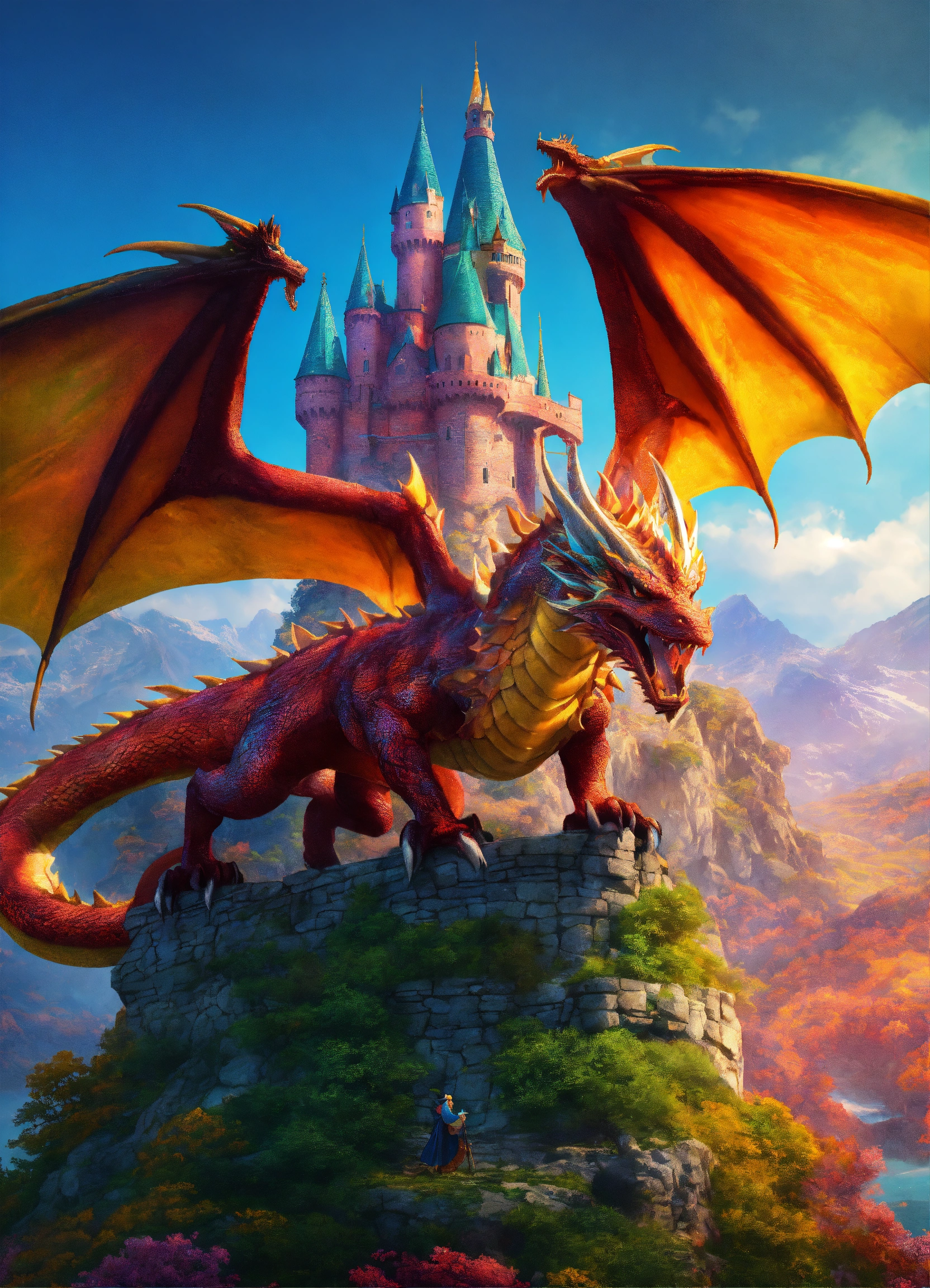 Lexica - A beautiful full body colorful dragon with a wizard riding on ...